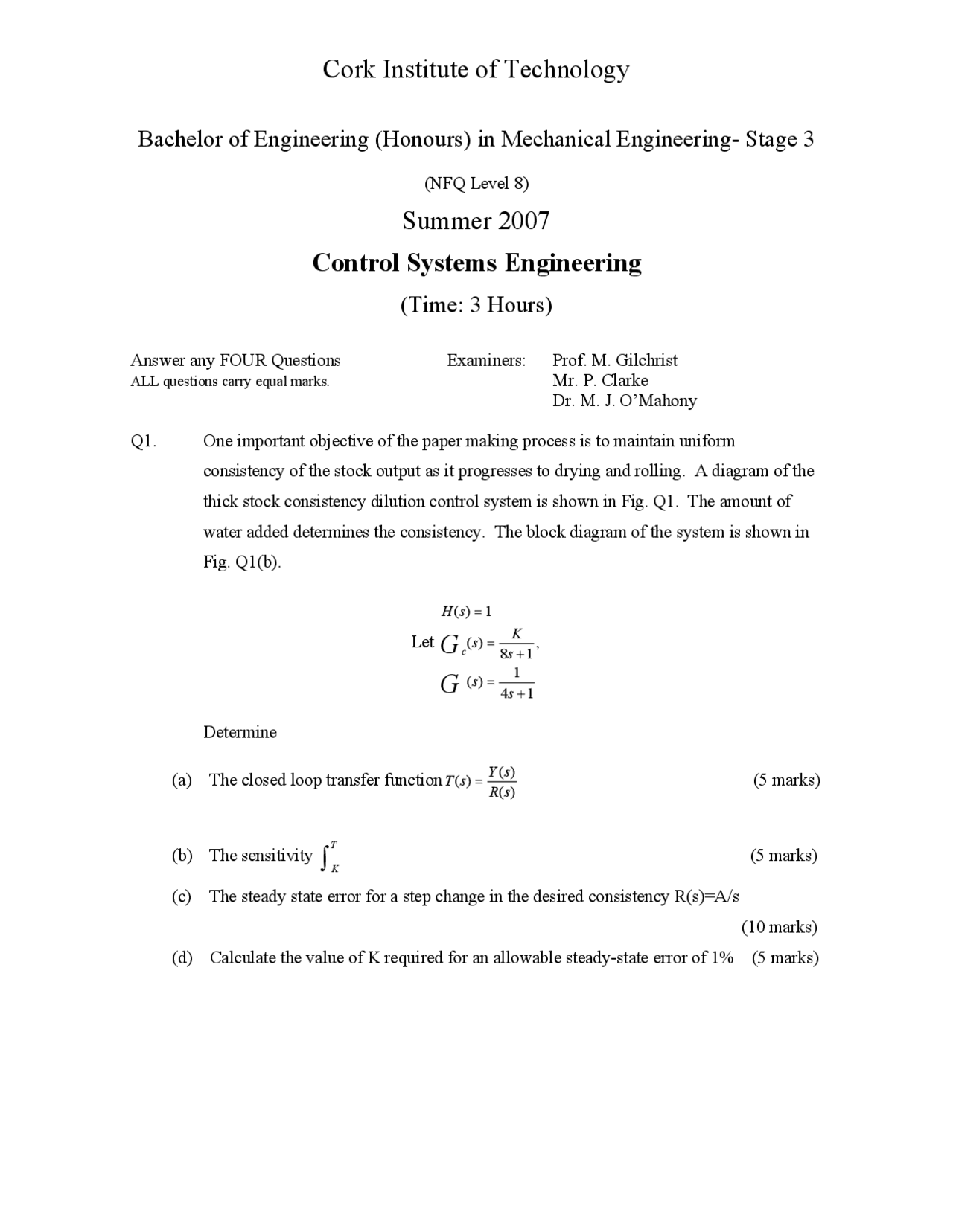 Drying and Rolling - Control System Engineering - Exam - Docsity