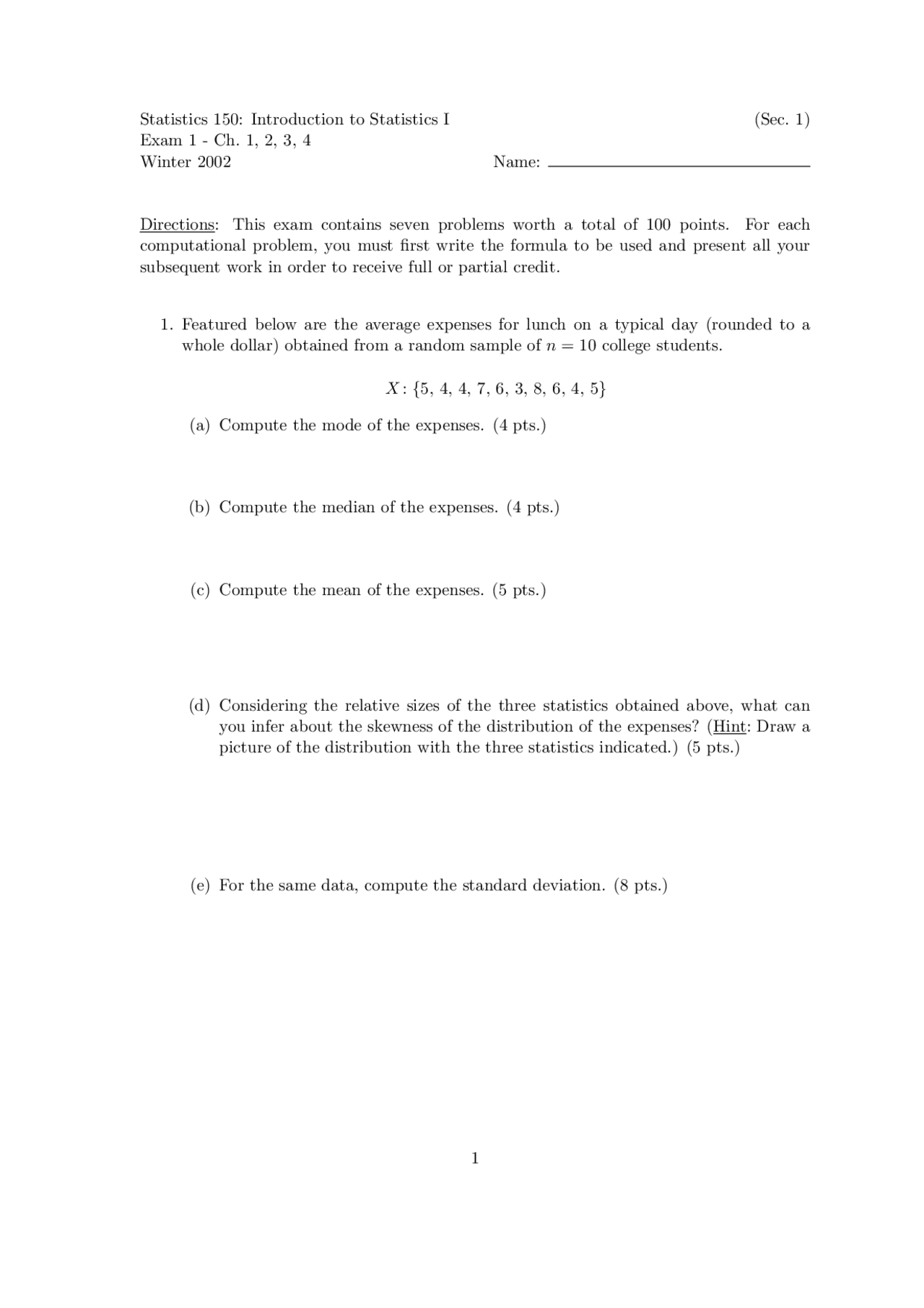 Typical Day Introduction To Probablilty And Statistics Exam Docsity