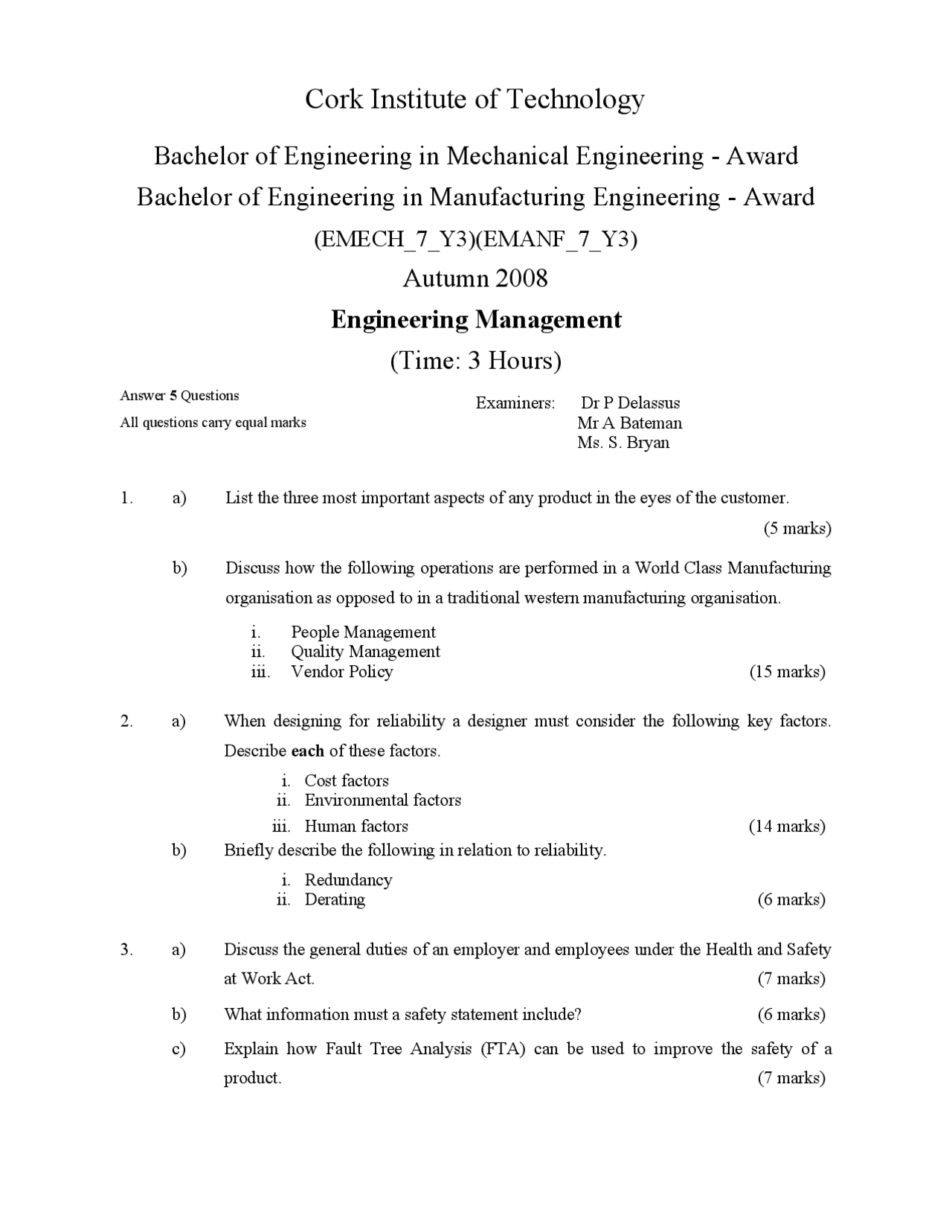 Mechanical & Manufacturing Engineering Management Exam, Autumn 2008 ...