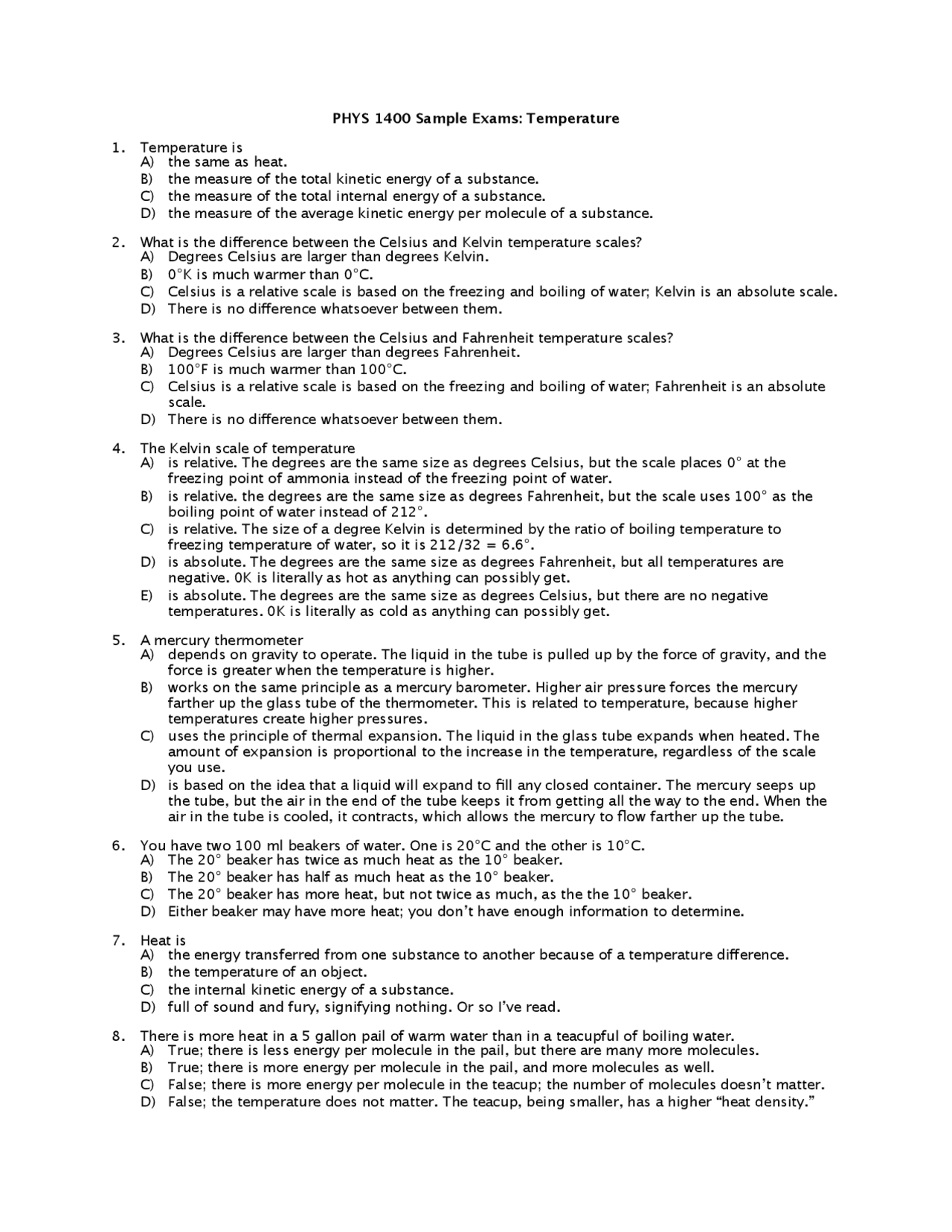 Temperature - Properties of Matter - Exam - Docsity