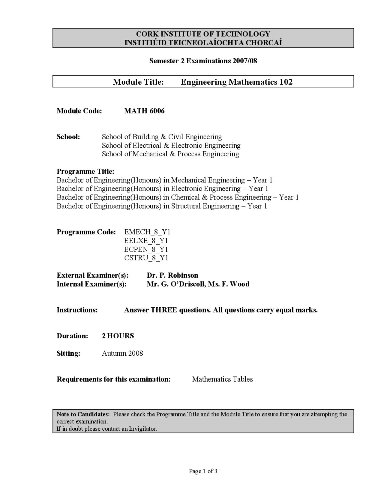 Parametric Engineering Mathematics Exam Docsity