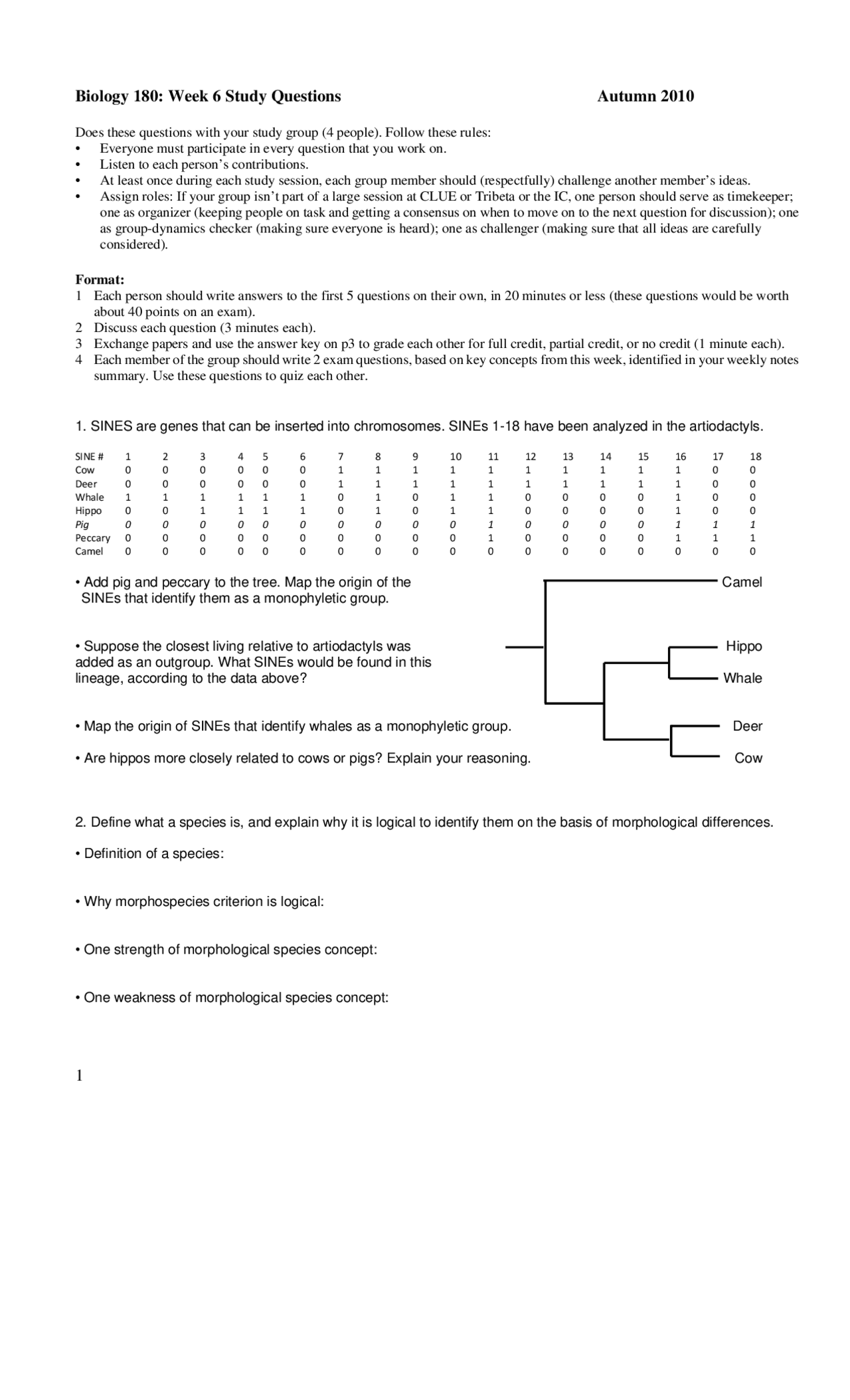 Week 6 Study Questions - Introduction to Biology | BIOL 180 - Docsity