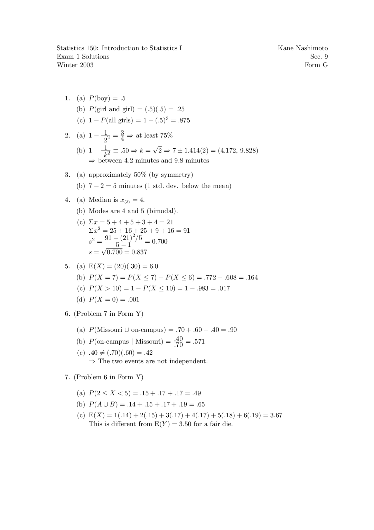 Youngest Child - Introduction to Probablilty and Statistics - Solved Exam - Docsity