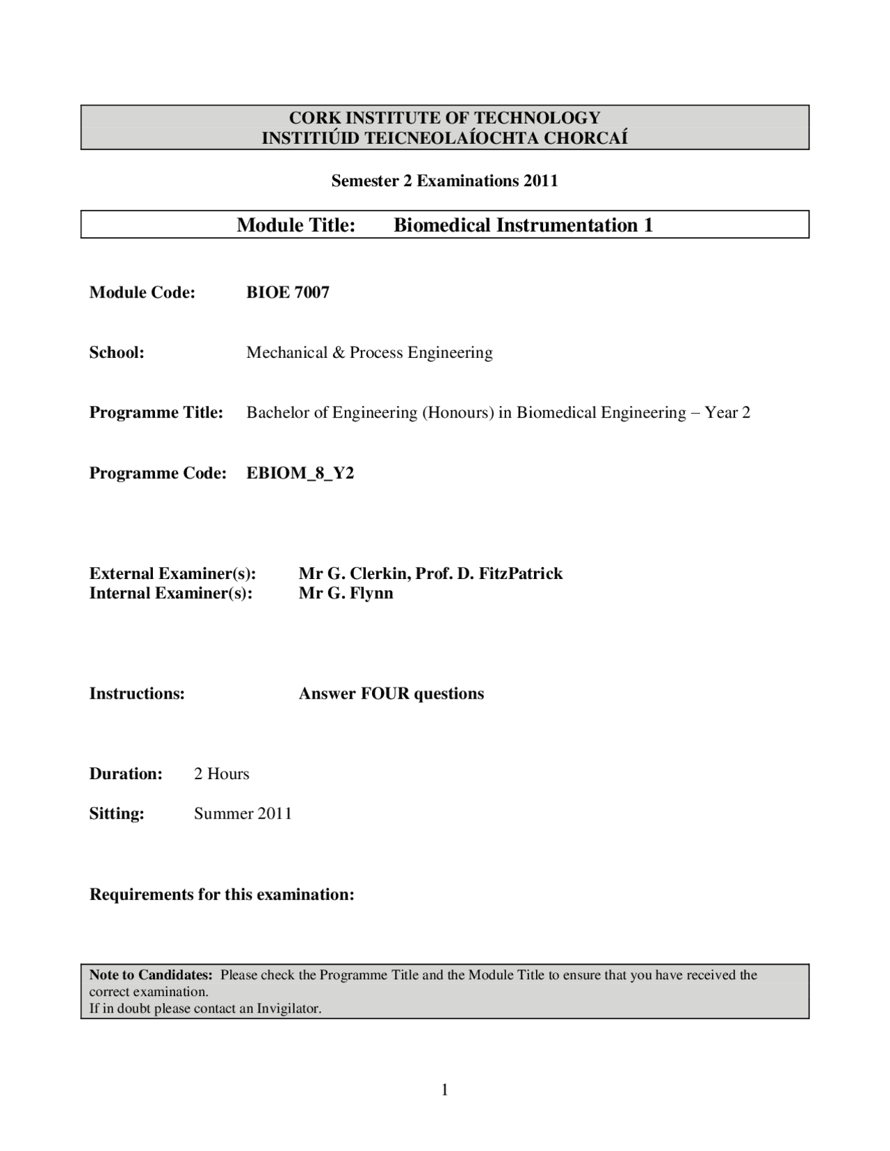 Design Features - Biomedical Instrumentation - Past Exam | Exams Biomedical Engineering | Docsity