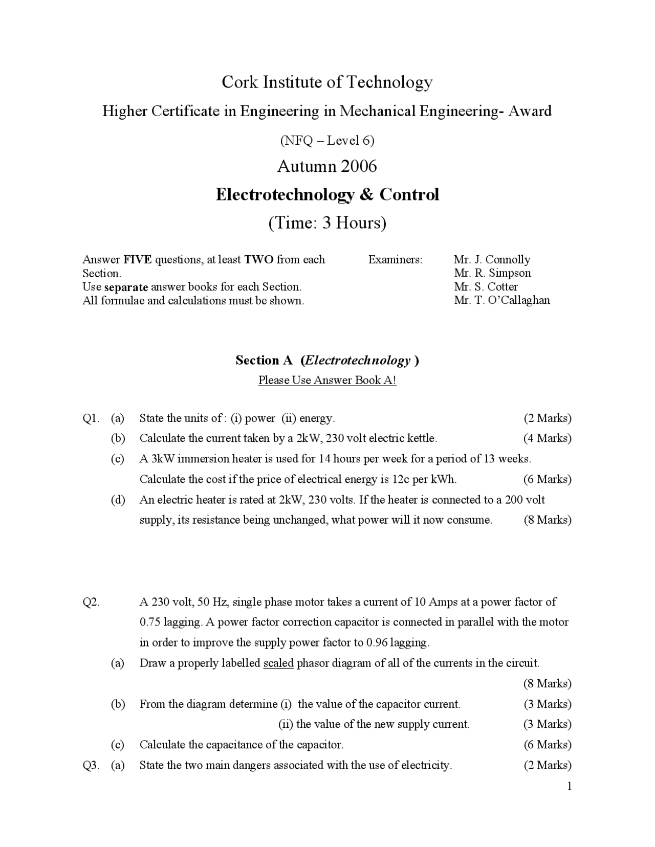 Energy Electrotechnology And Control Exam Docsity