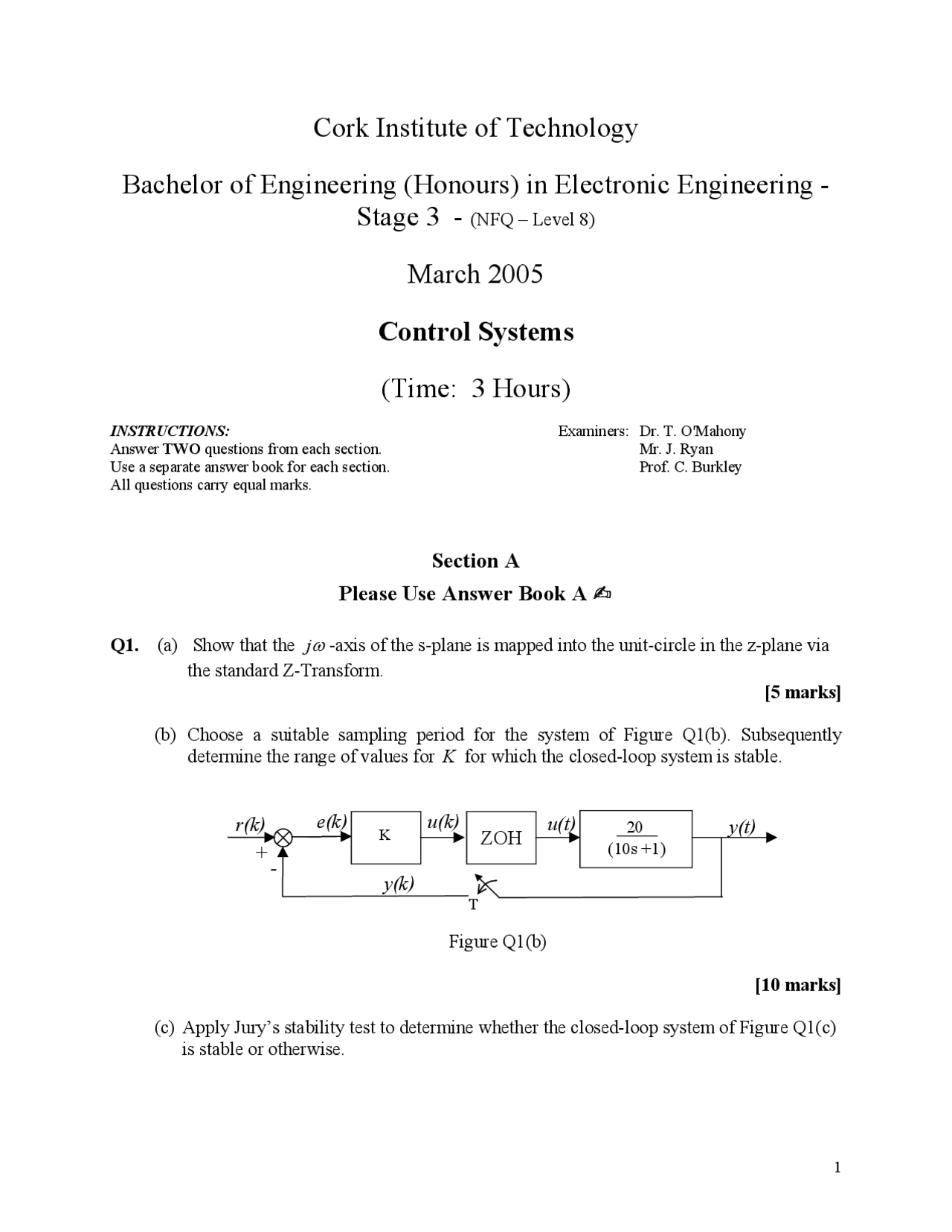 Jury’s stability - Control Systems - Exam | Exams Control Systems | Docsity
