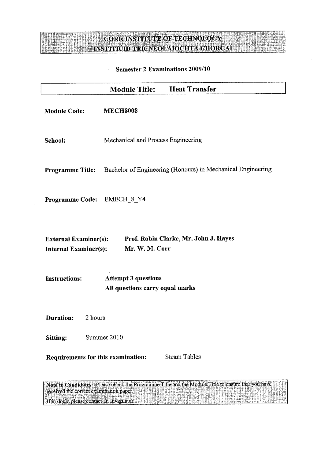 Heat Transfer - Fluid and Heat Mechanics - Exam - Docsity