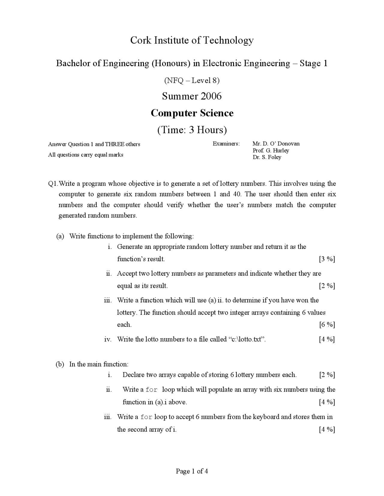 Random Lottery Number Computer Science Exam Docsity