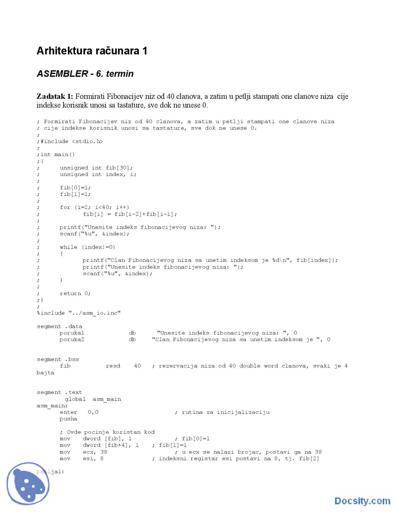Asembler Skripta Arhitektura Racunara 1 Informatika 5 Rezime