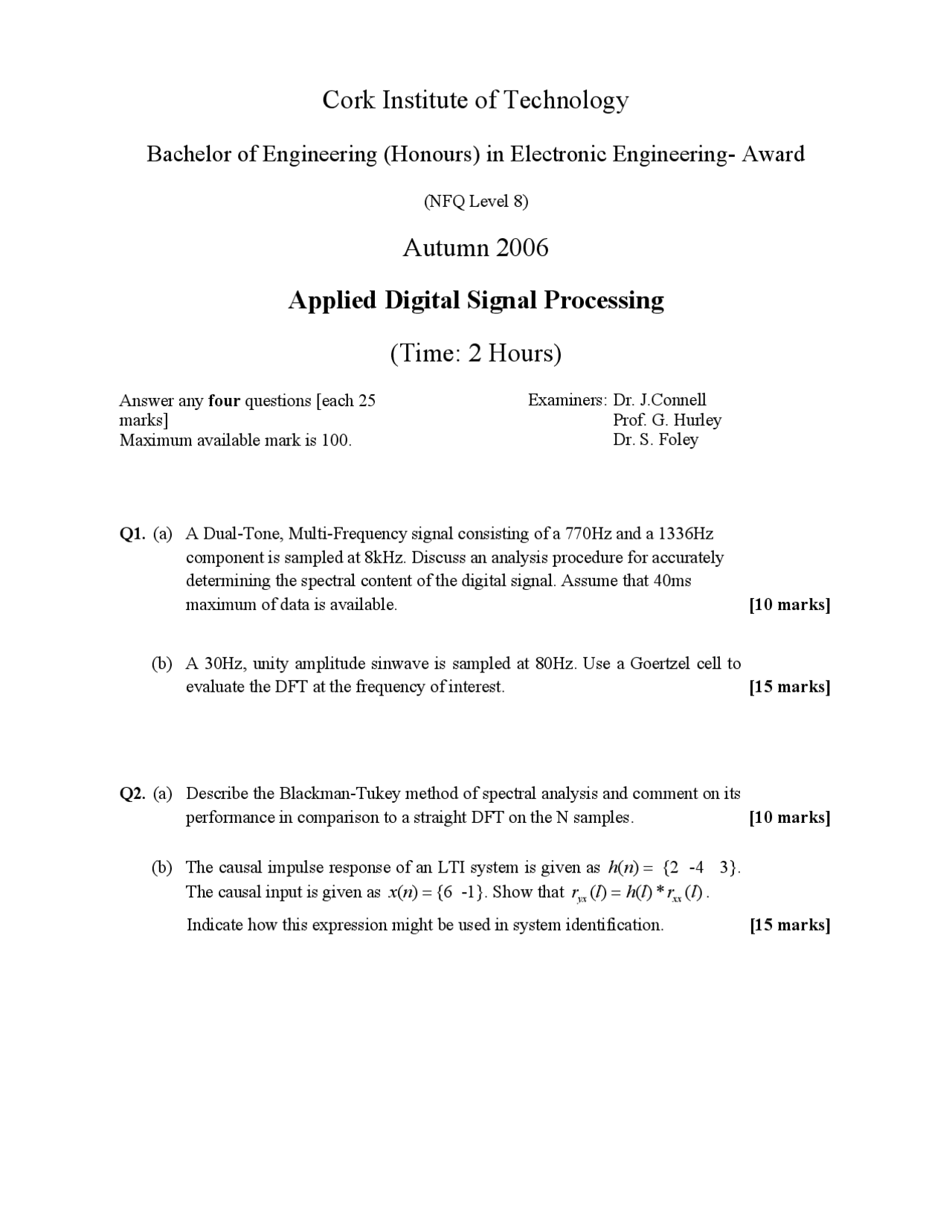 Blackman Tukey Method Applied Digital Signal Processing Exam Docsity
