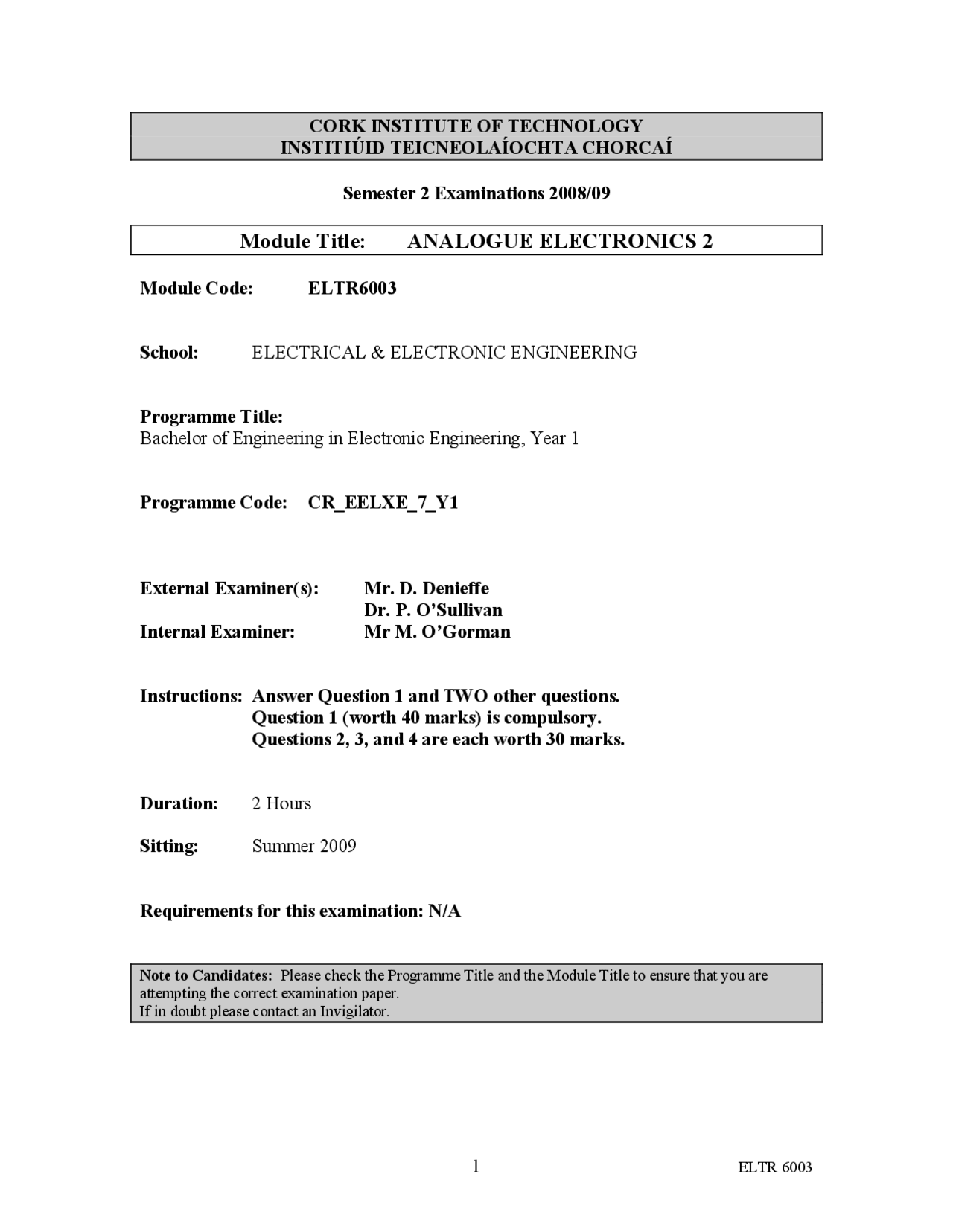 Examination Paper: Analogue Electronics 2, ELTR 6003, Cork Institute of ...