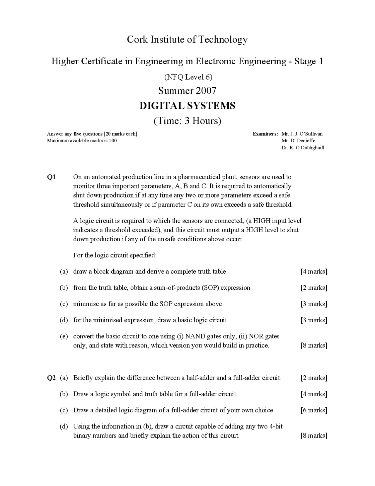 T Flip Flop Digital Systems Exam Docsity