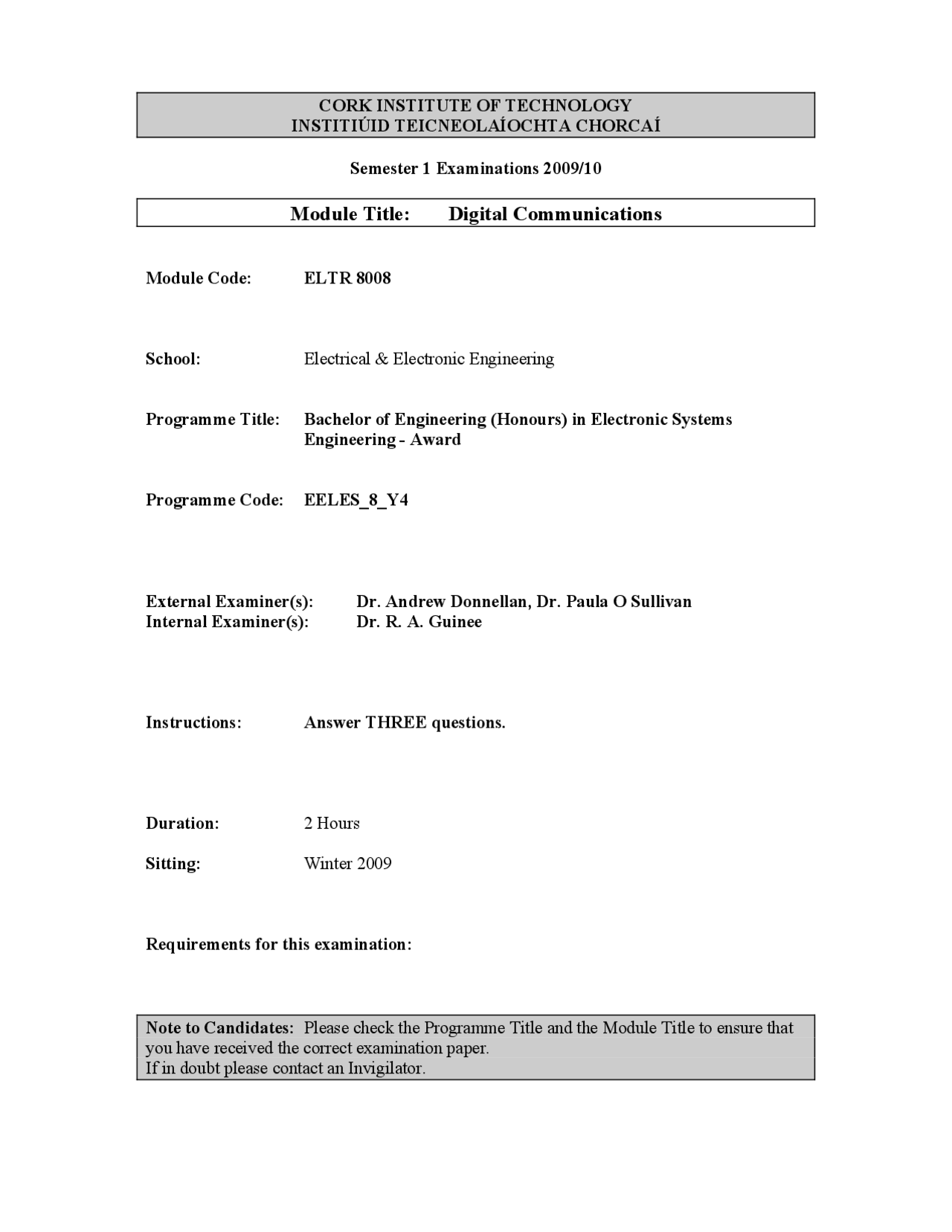 Information Digital Communications Exam Docsity