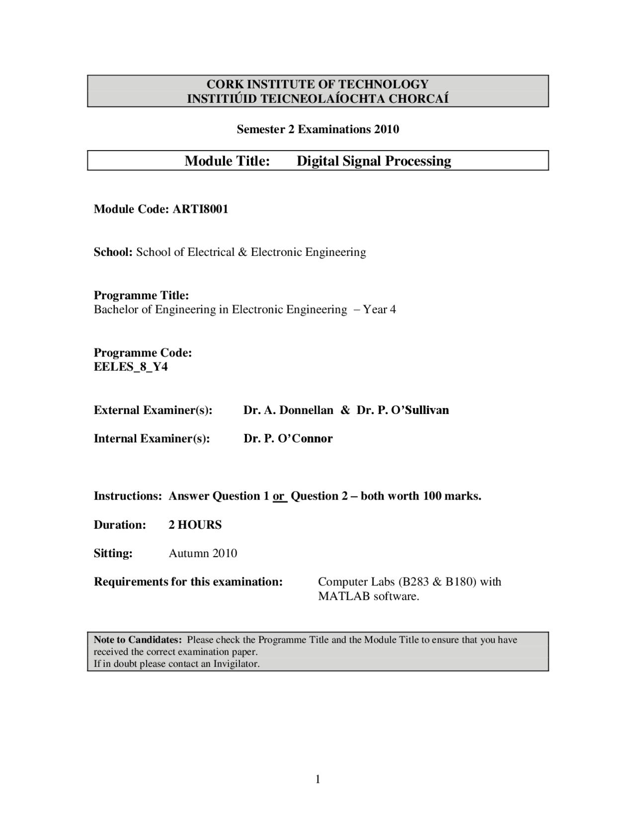 Frequency Response Digital Signal Processing Exam Docsity