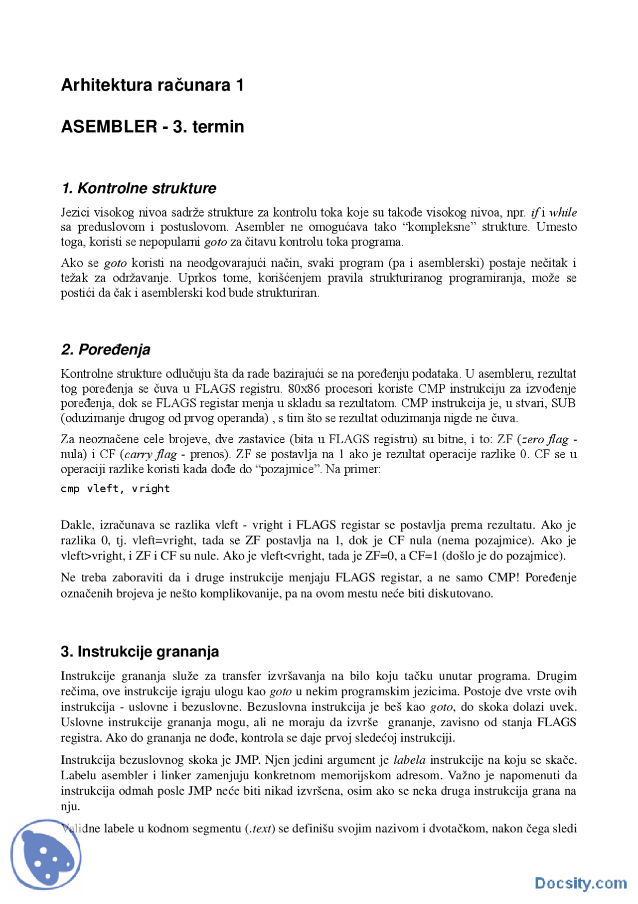 Asembler Skripta Arhitektura Racunara 1 Informatika 2 Rezime