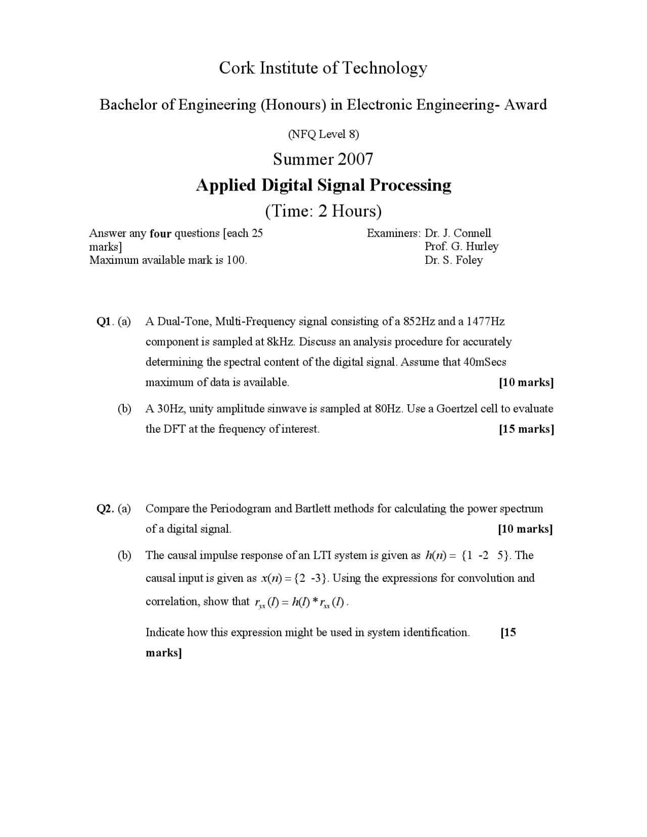 Power Spectrum Applied Digital Signal Processing Exam Docsity