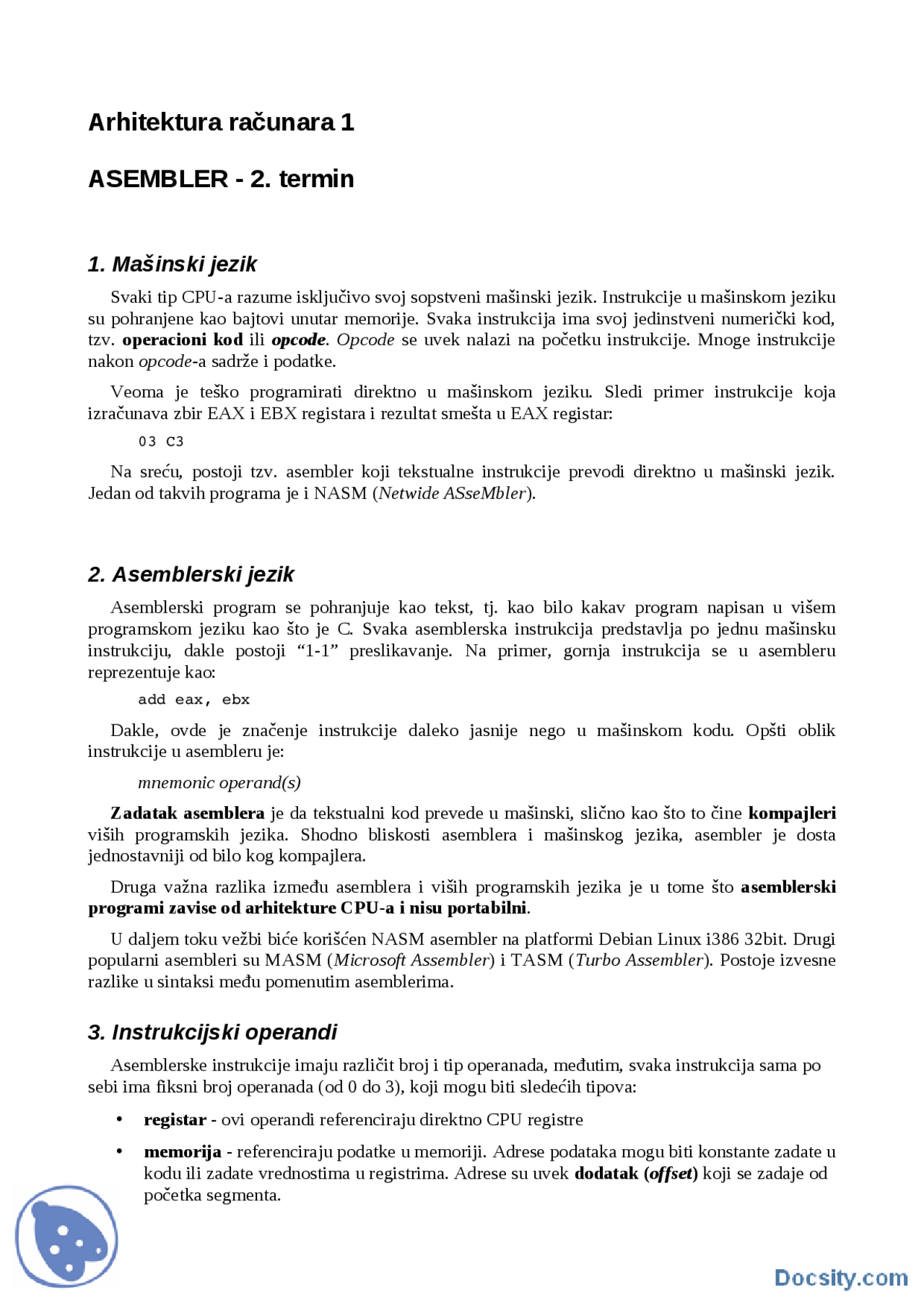 Asembler Skripta Arhitektura Racunara 1 Informatika 1 Rezime
