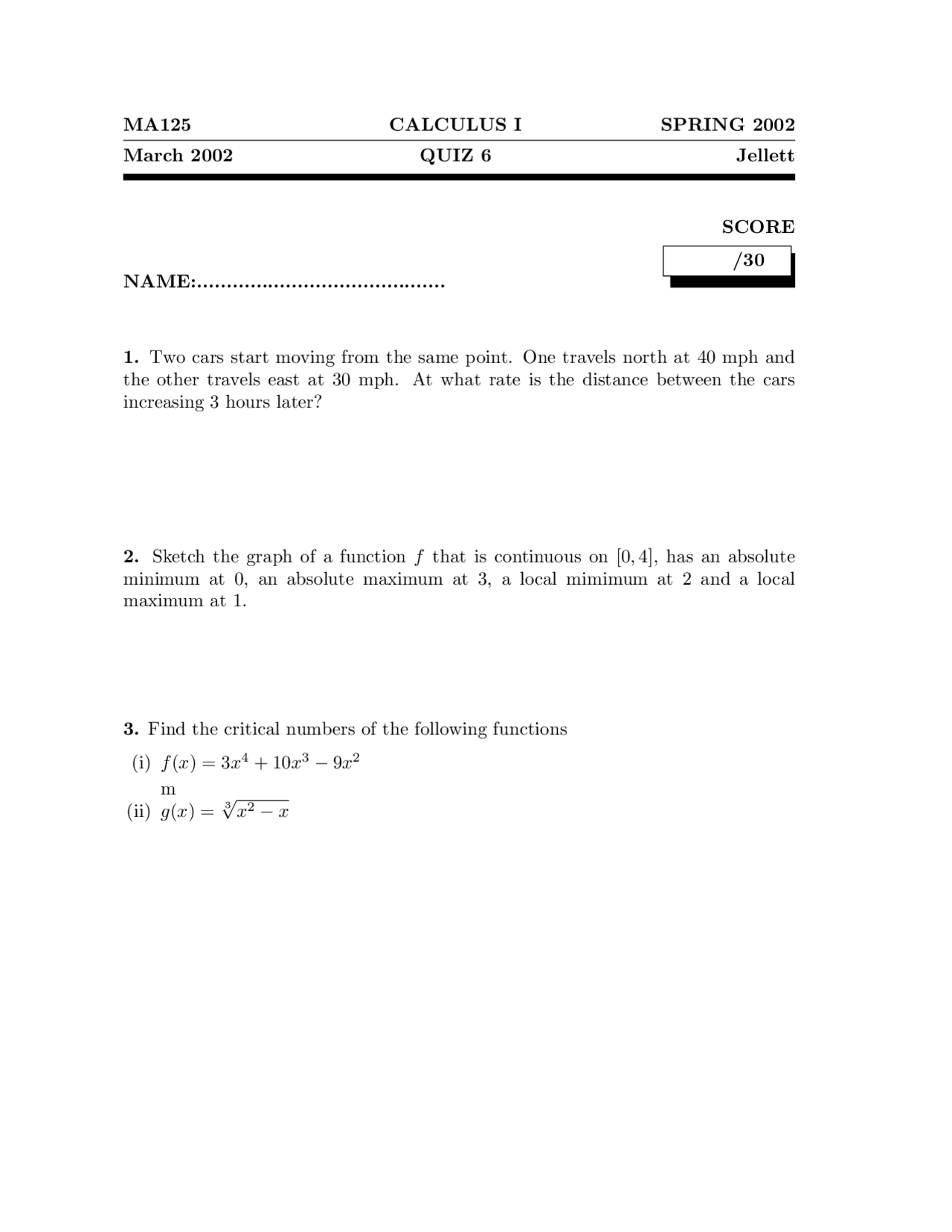 Cars Calculus Quiz Docsity