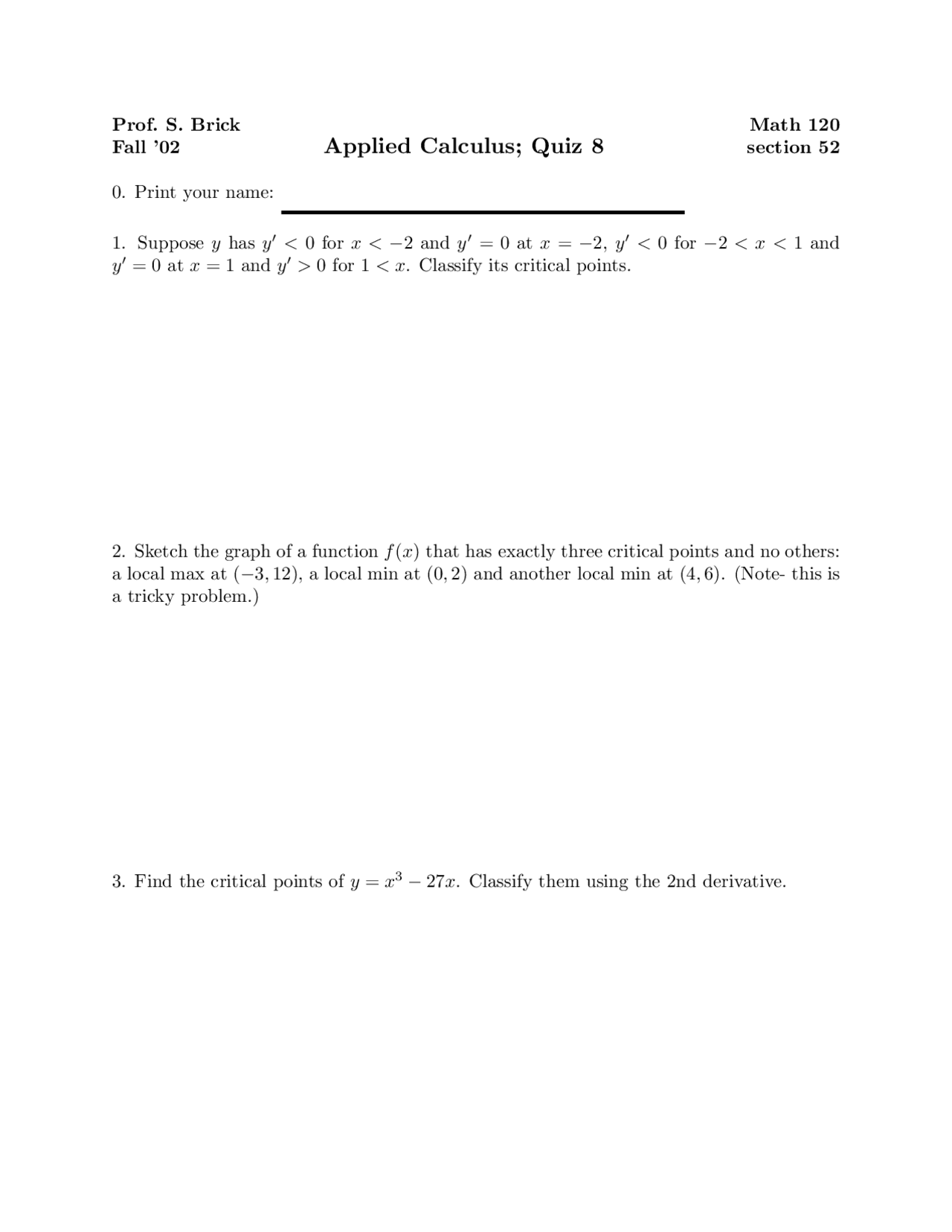 Critical Points Applied Calculus Quiz Docsity