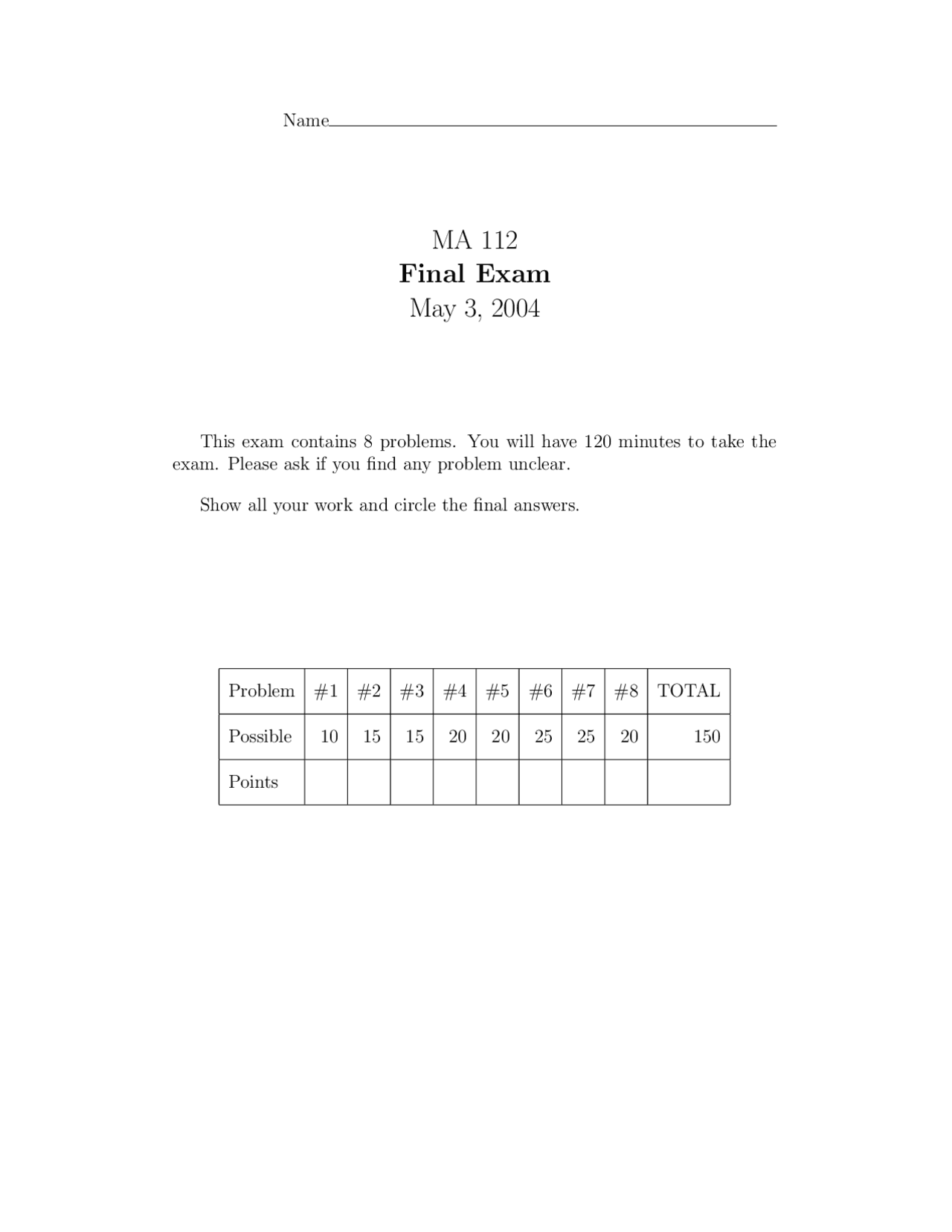 Slope Intercept Mathematics Exam Docsity