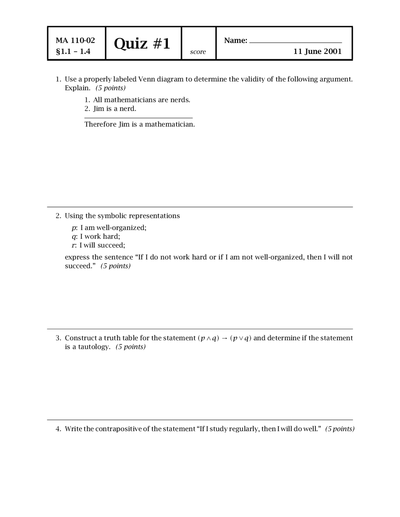 Symbolic Representations - Finite Math - Quiz - Docsity