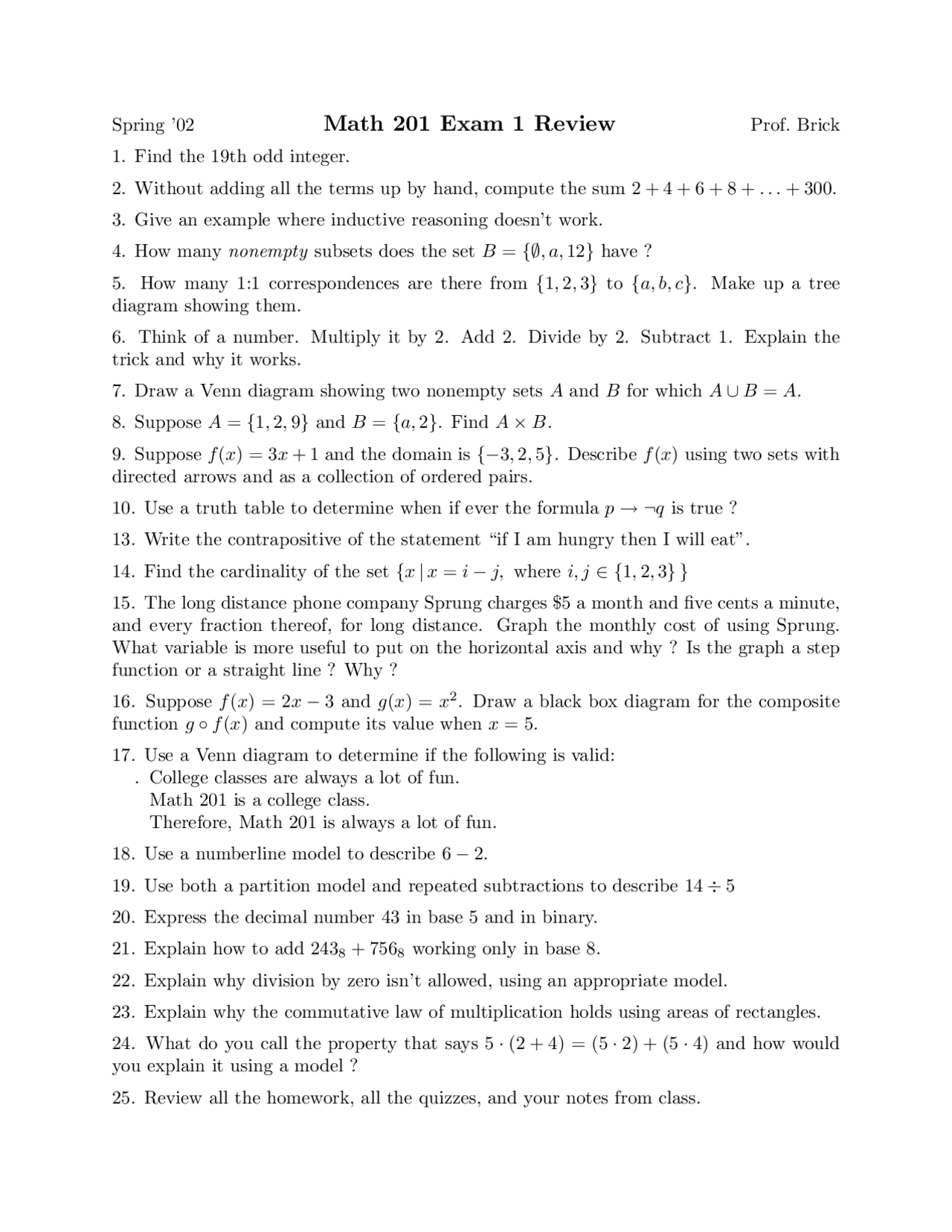 Nonempty Subsets Elementary Maths Exam Docsity
