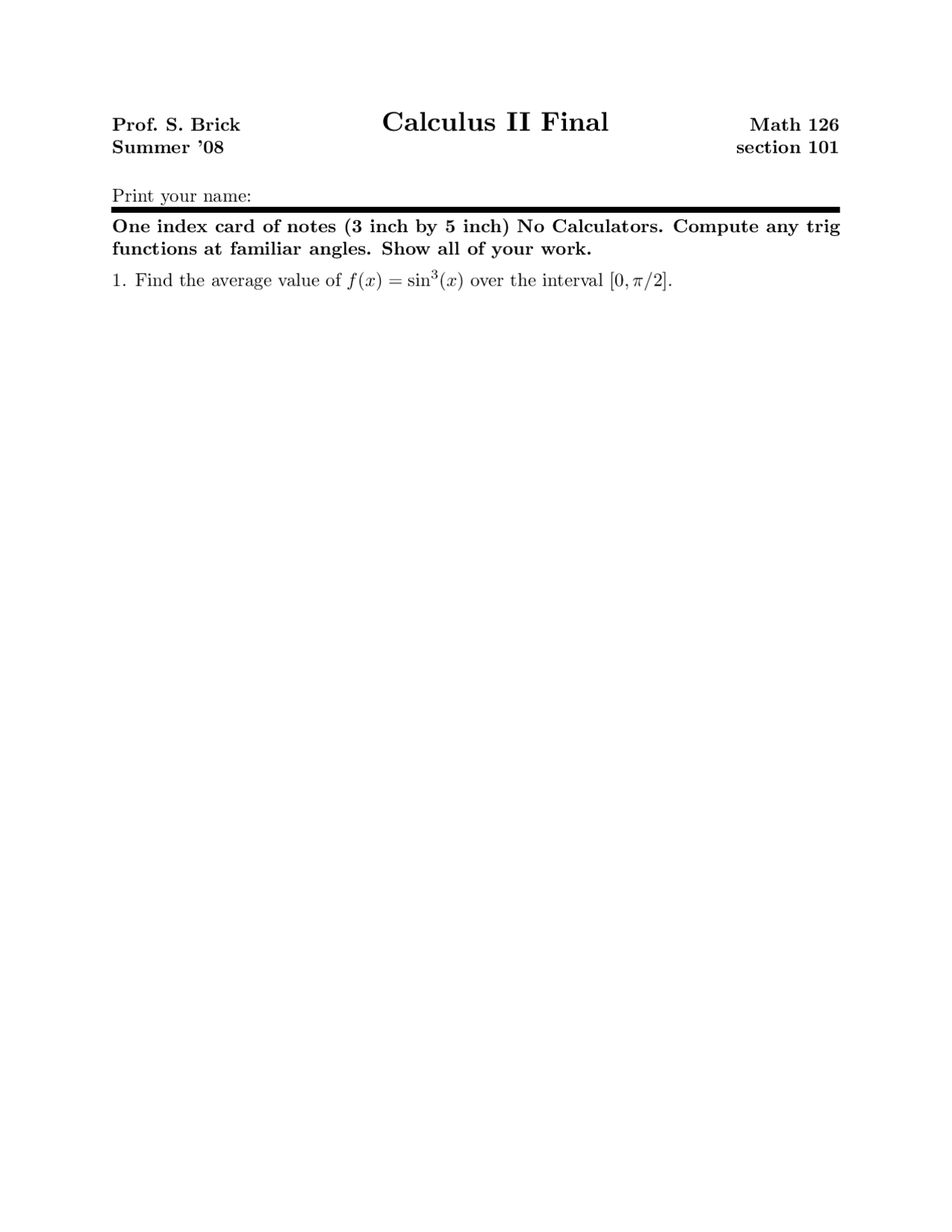 Average Value Calculus Exam Docsity