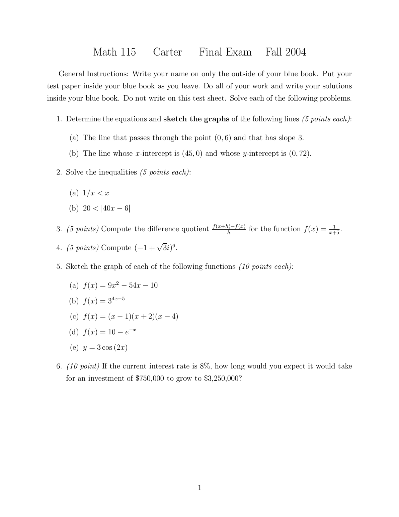 Line Mathematics Exam Docsity