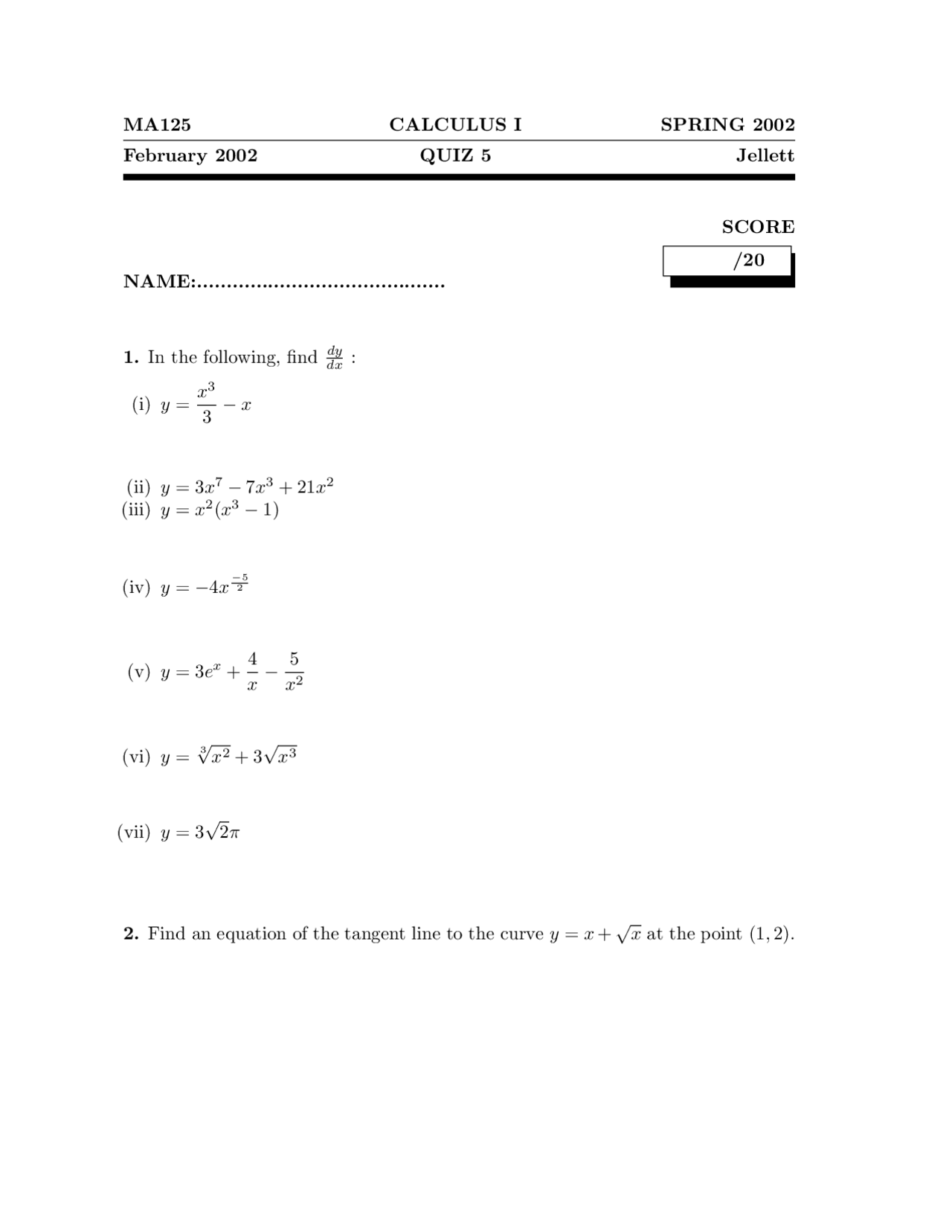 Equation Calculus Quiz Docsity