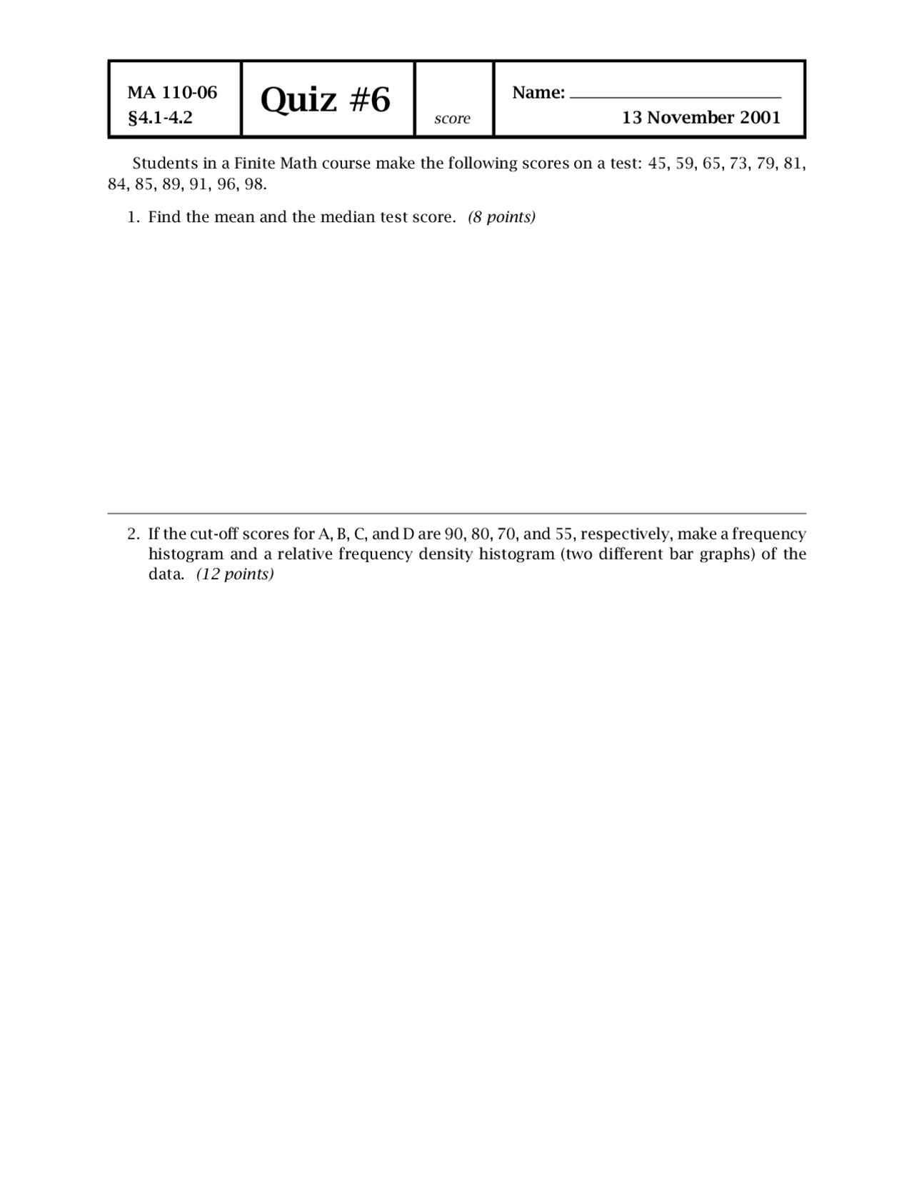 Test Score Finite Math Quiz Exercises Mathematics Docsity