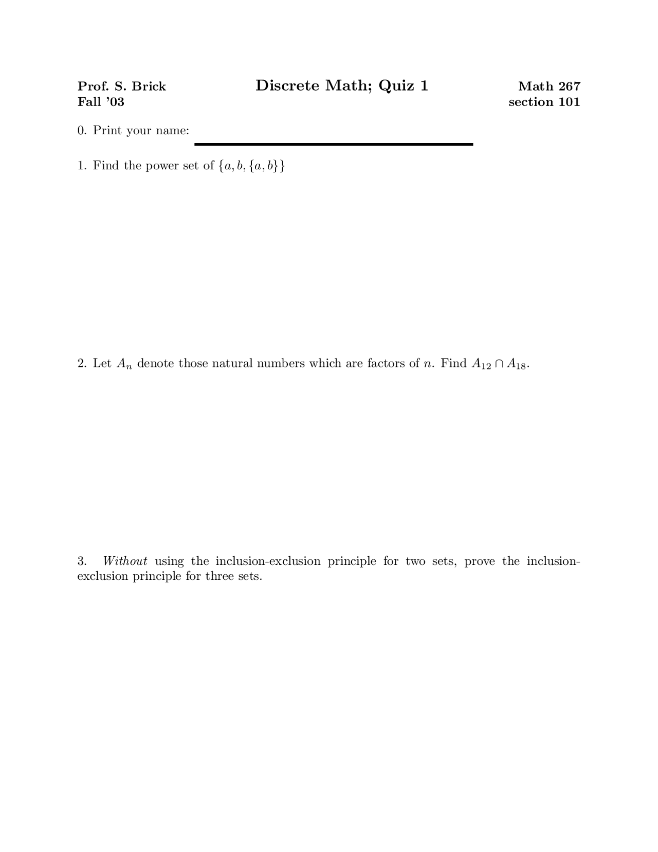 Power Set - Discrete Math - Quiz - Docsity