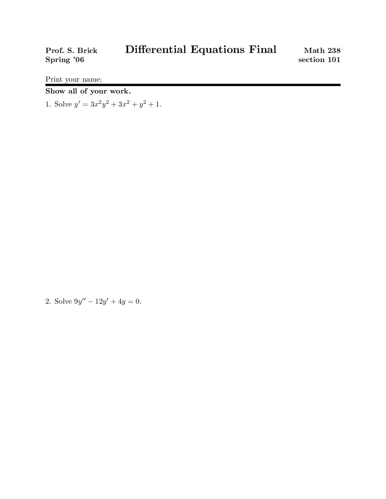 Definition Differential Equations Exam Docsity
