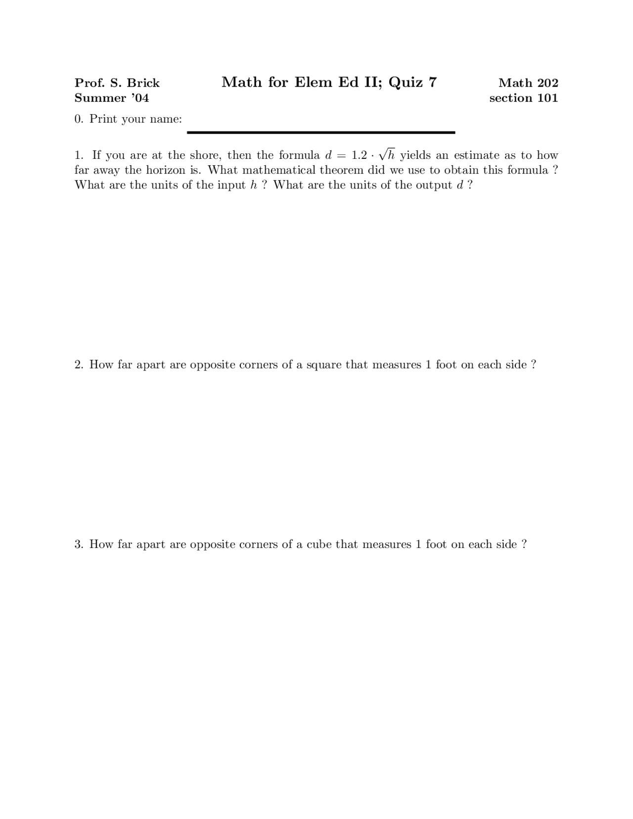 Units Elementary Maths Quiz Docsity