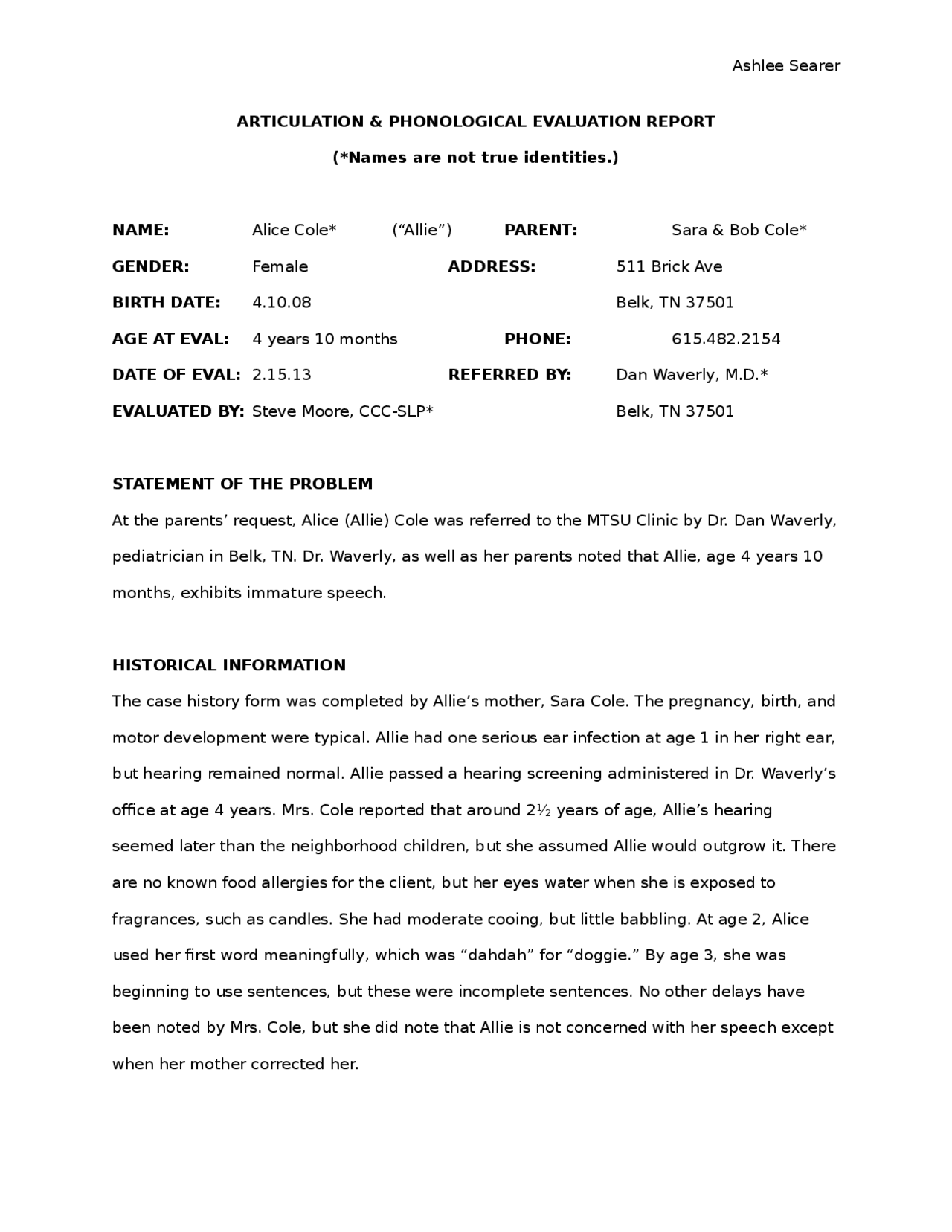 Articulation and Phonological Evaluation Report | CDIS 3200 - Docsity