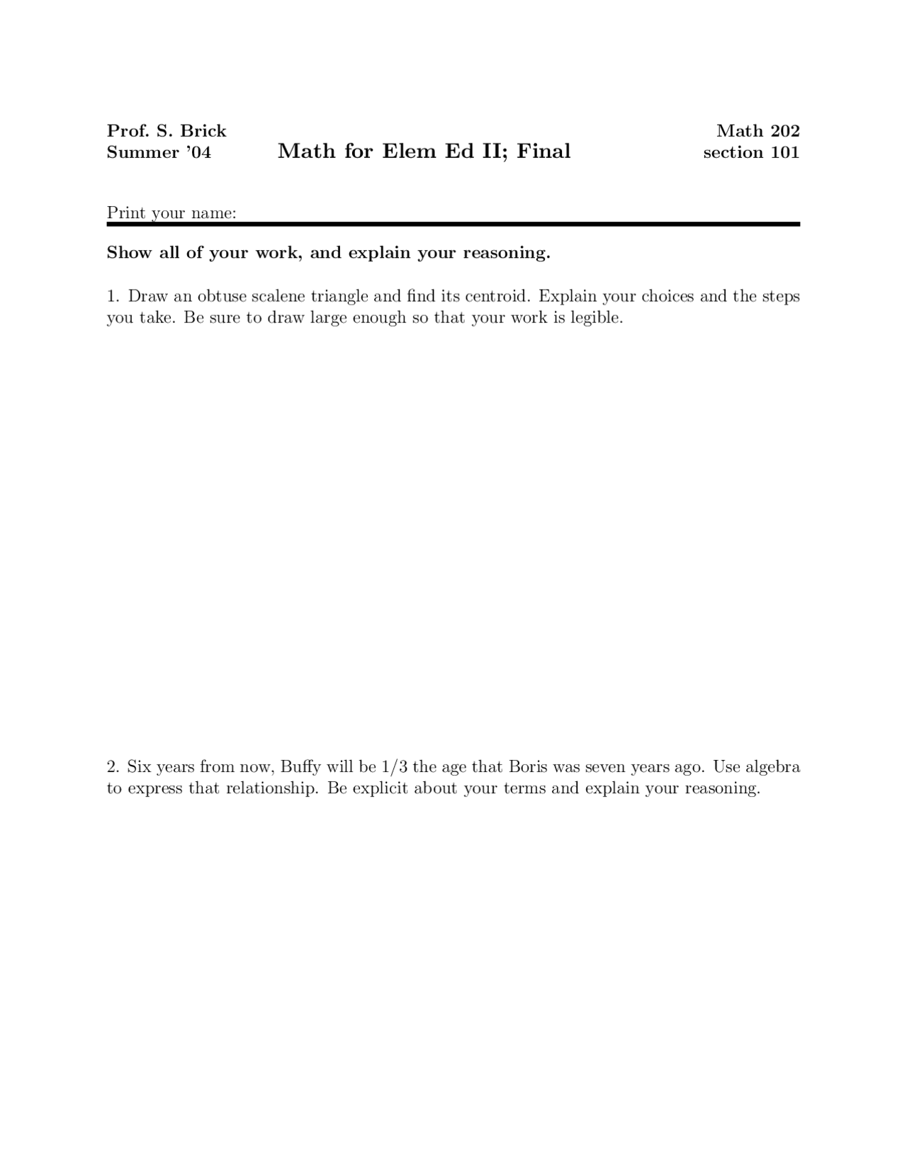 Draw Elementary Maths Exam Docsity