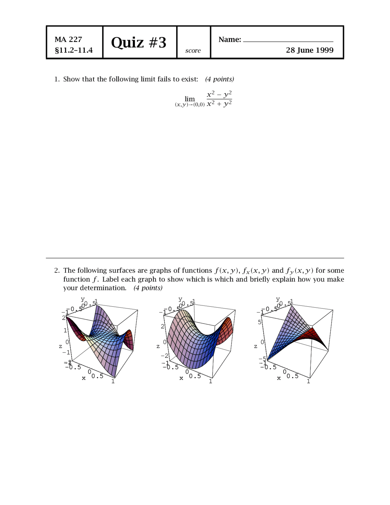 Surfaces Mathematics Quiz Docsity