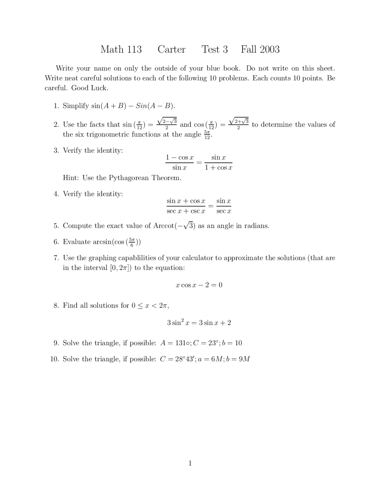 Verify - Mathematics - Quiz | Exercises Mathematics | Docsity