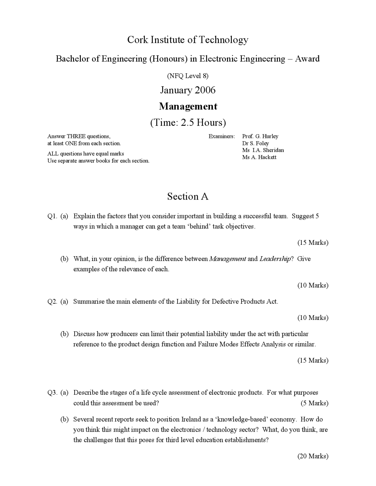 Exam Questions for Bachelor of Engineering in Electronic Engineering ...