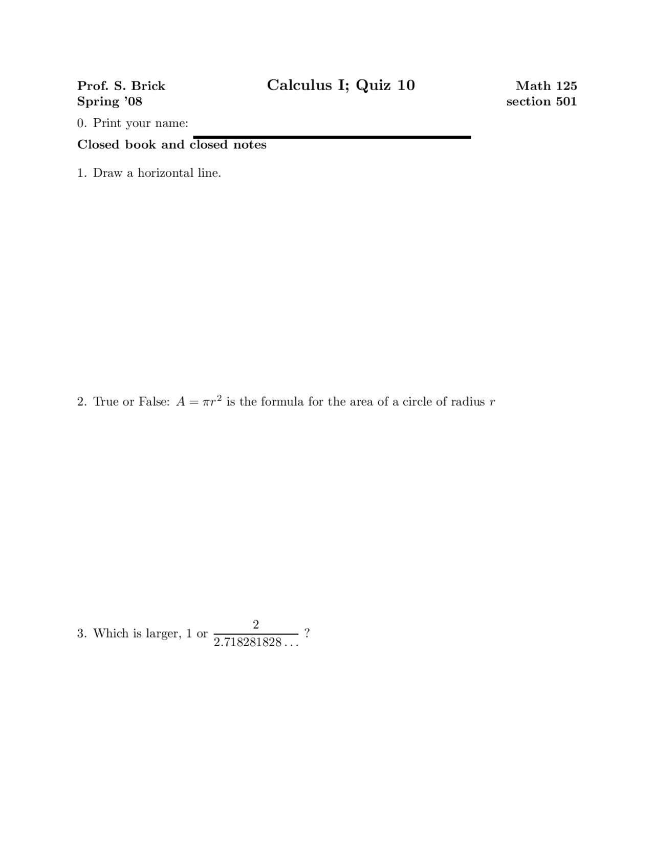Horizontal Line - Calculus - Quiz - Docsity