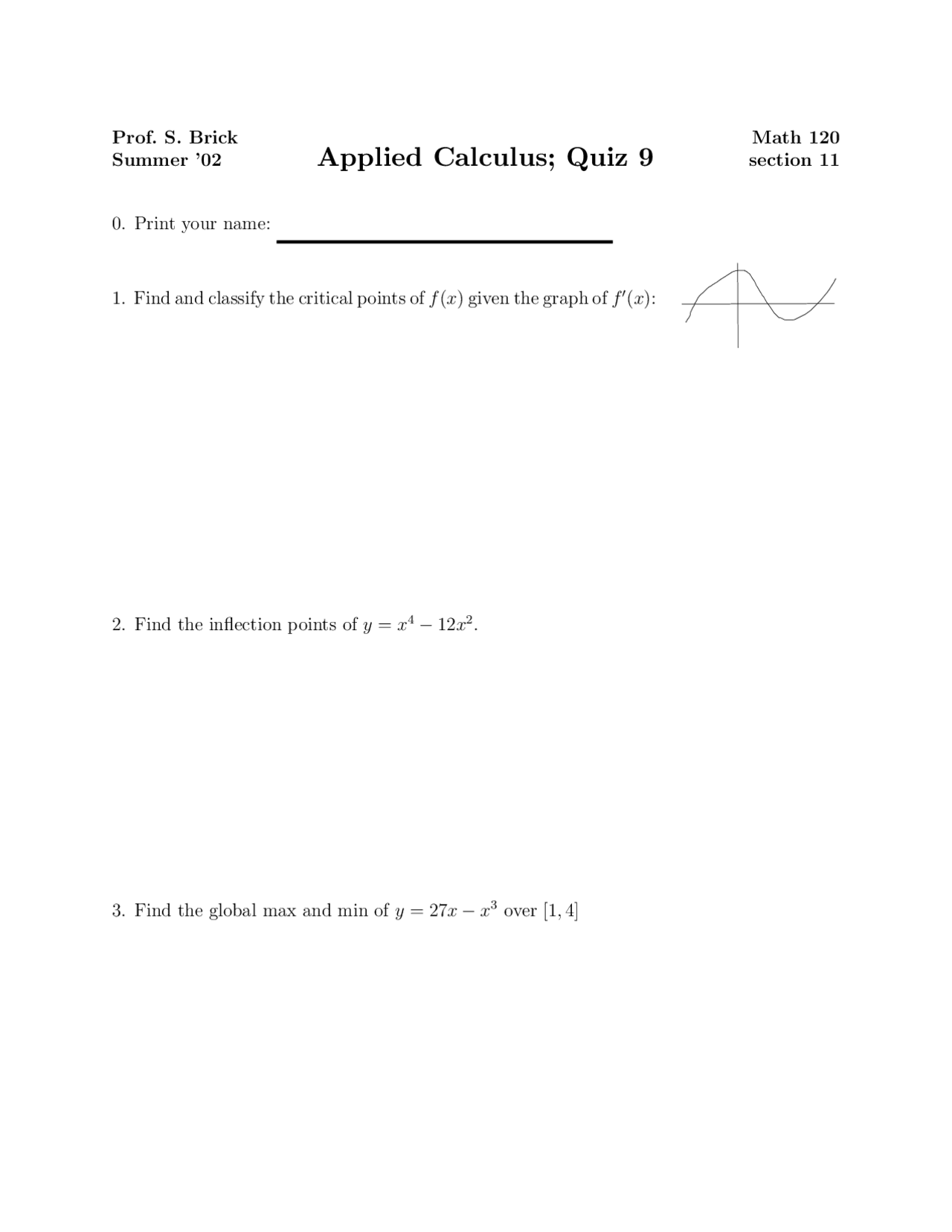 Classify Applied Calculus Quiz Docsity