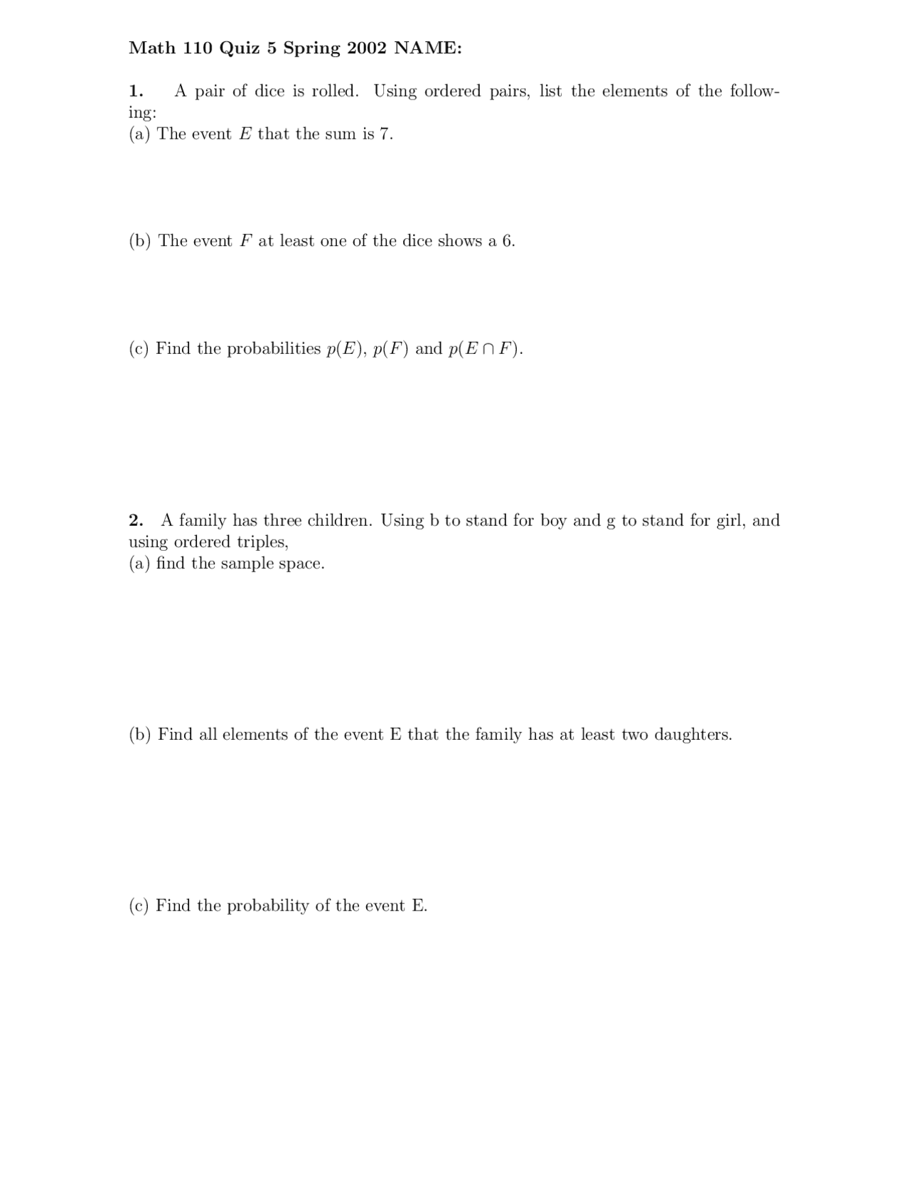 Probabilities - Finite Math - Quiz - Docsity