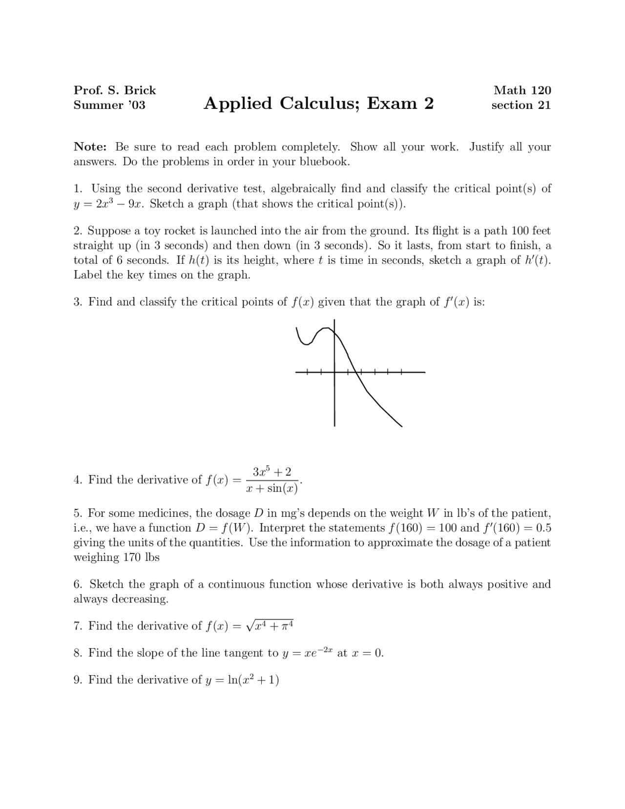 Launched Applied Calculus Exam Docsity