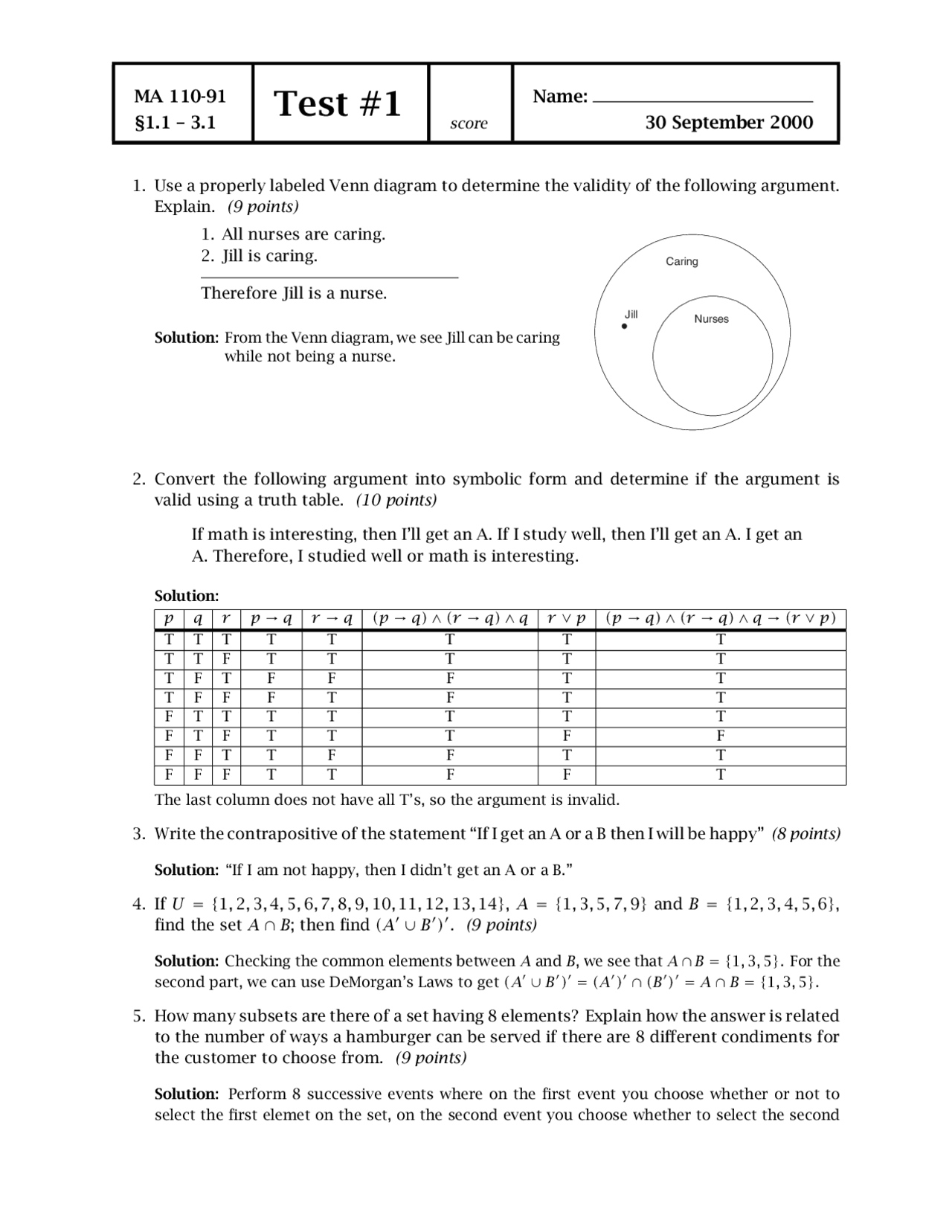 Interesting - Finite Math - Quiz - Docsity