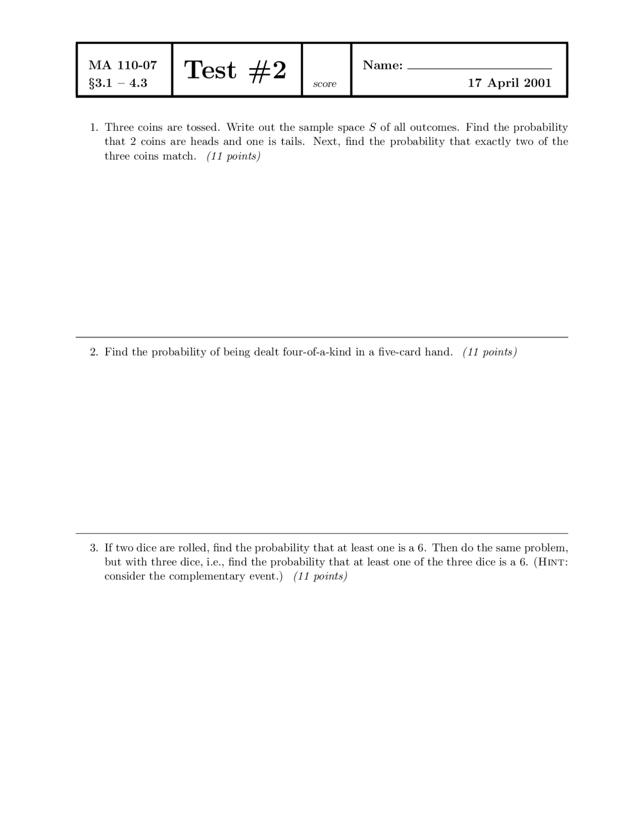 Coins Match - Finite Math - Quiz - Docsity