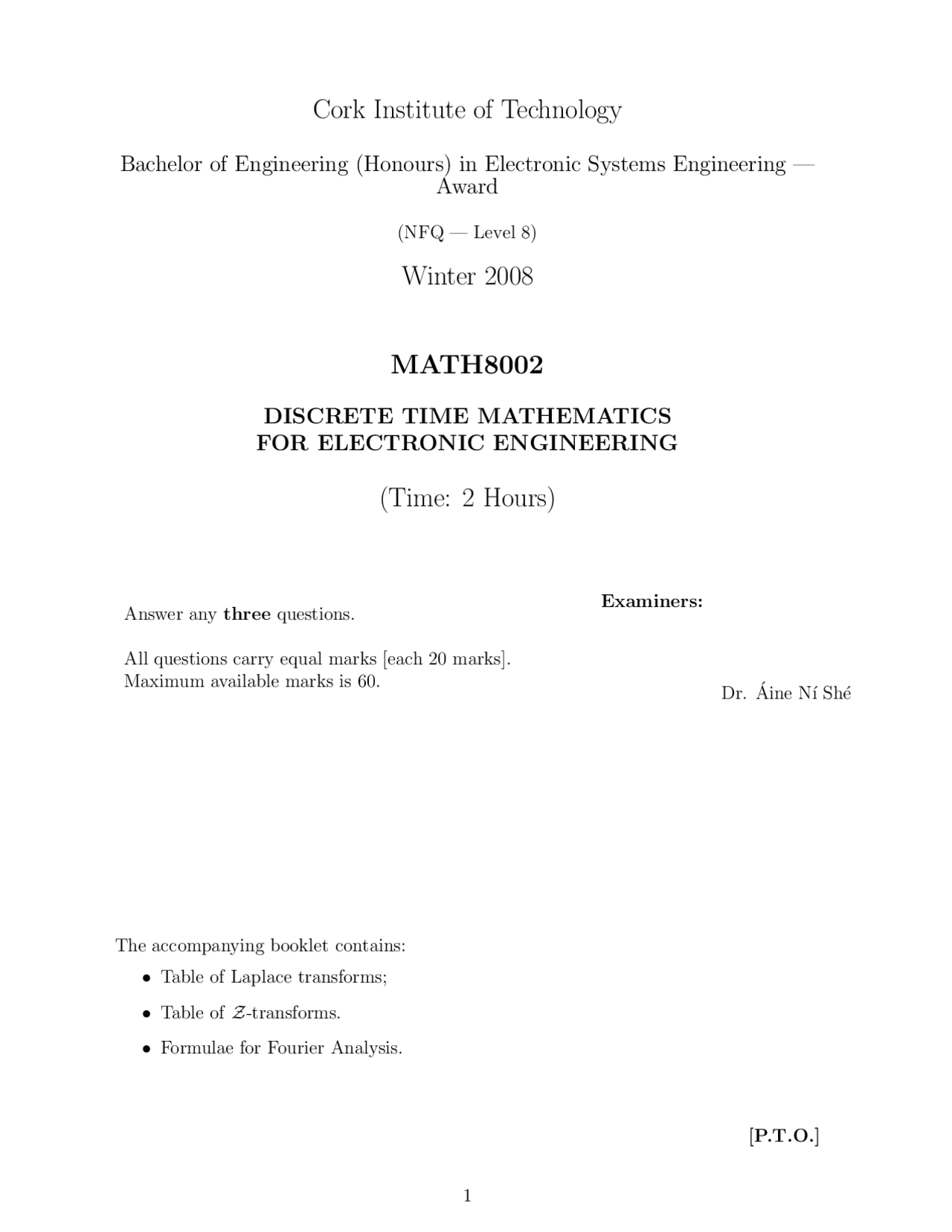 Fourier Analysis Discrete Time Mathematics Exam Docsity
