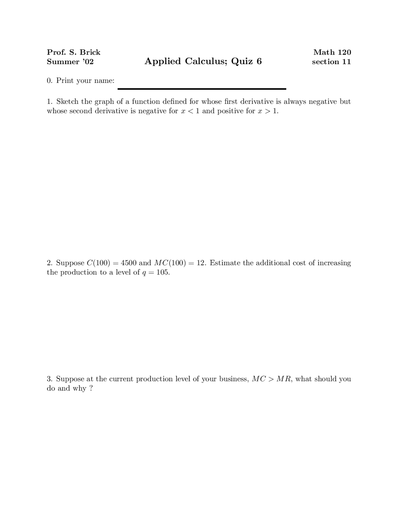Function Applied Calculus Quiz Docsity