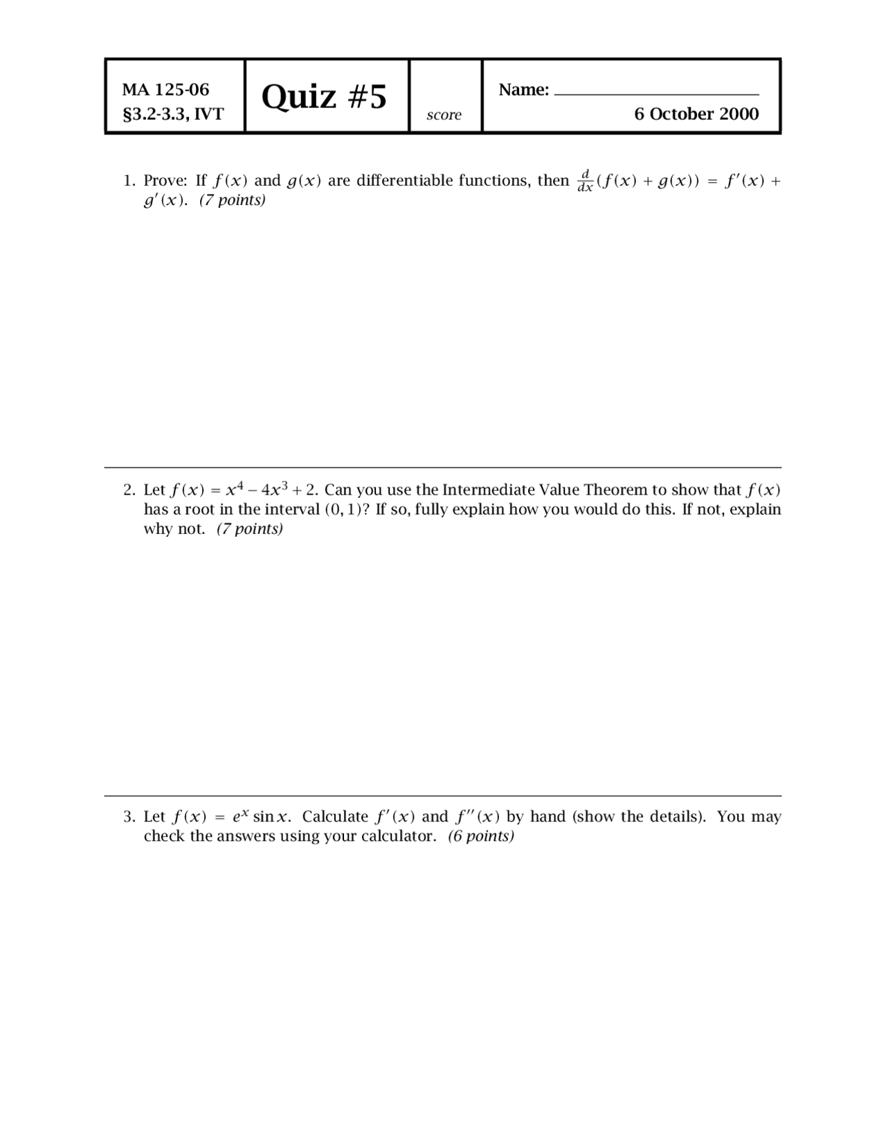Intermediate Calculus Quiz Docsity
