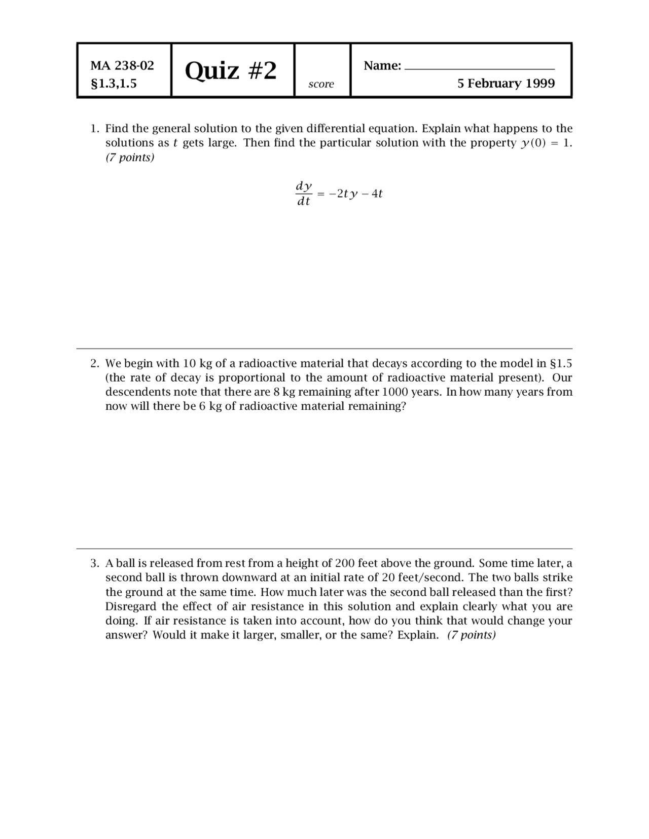 Large Differential Equations Quiz Docsity