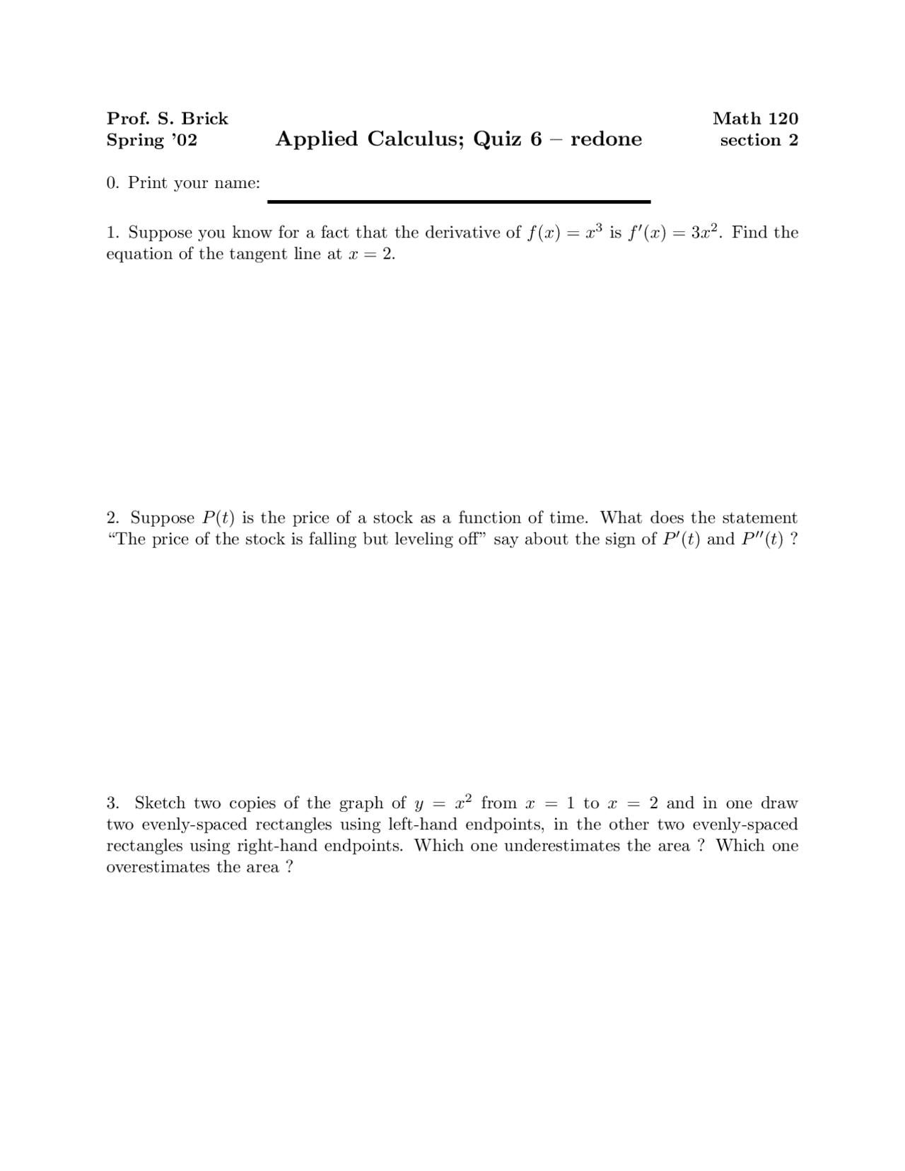 Tangent Line - Applied Calculus - Quiz | Exercises Calculus | Docsity