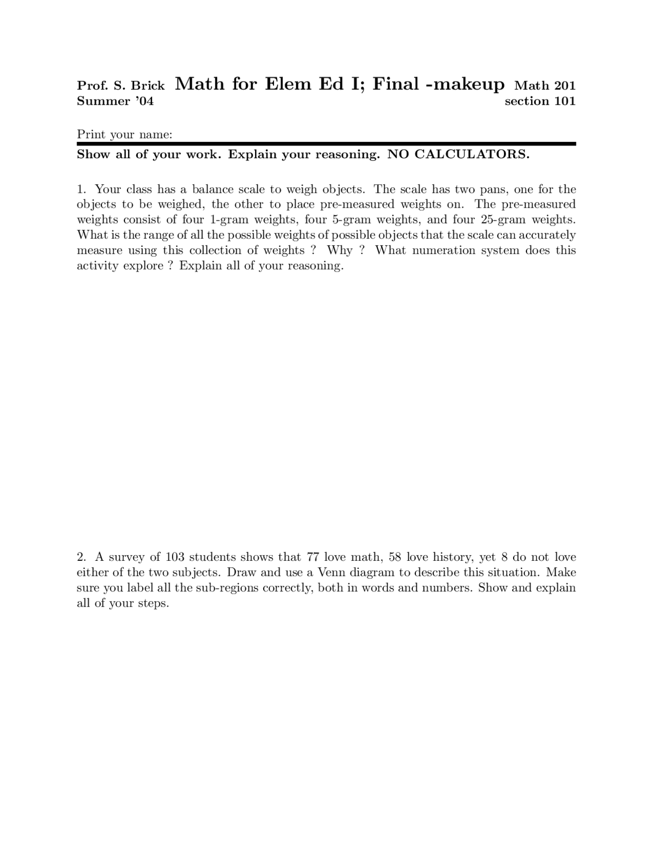 Weights - Elementary Maths - Exam - Docsity